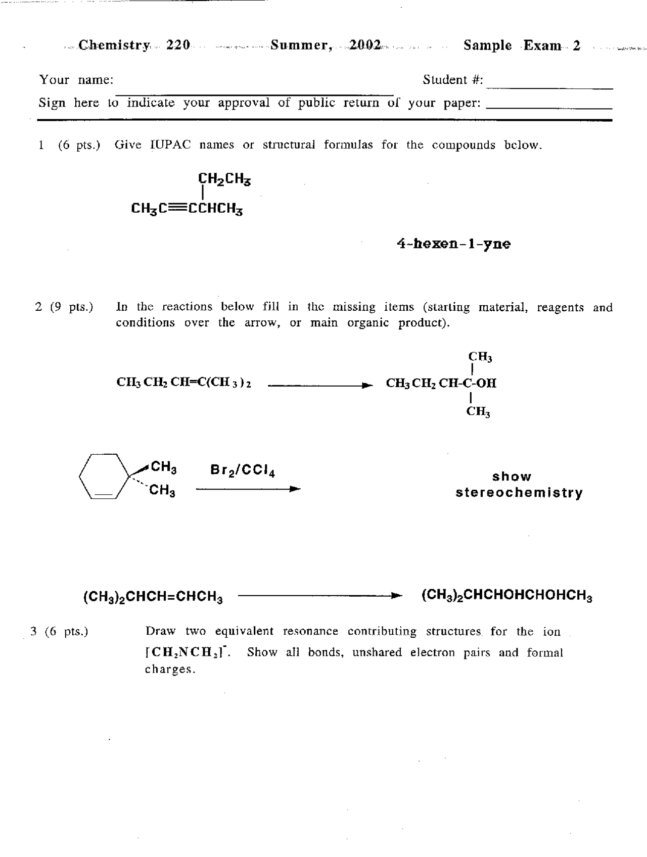 Sample Questions for Exam 2 - Principles of Chemistry II | CHEM 220 ...