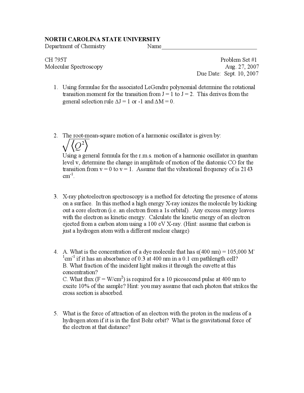 Problem Set 1 Molecular Spectroscopy Ch 795a Docsity