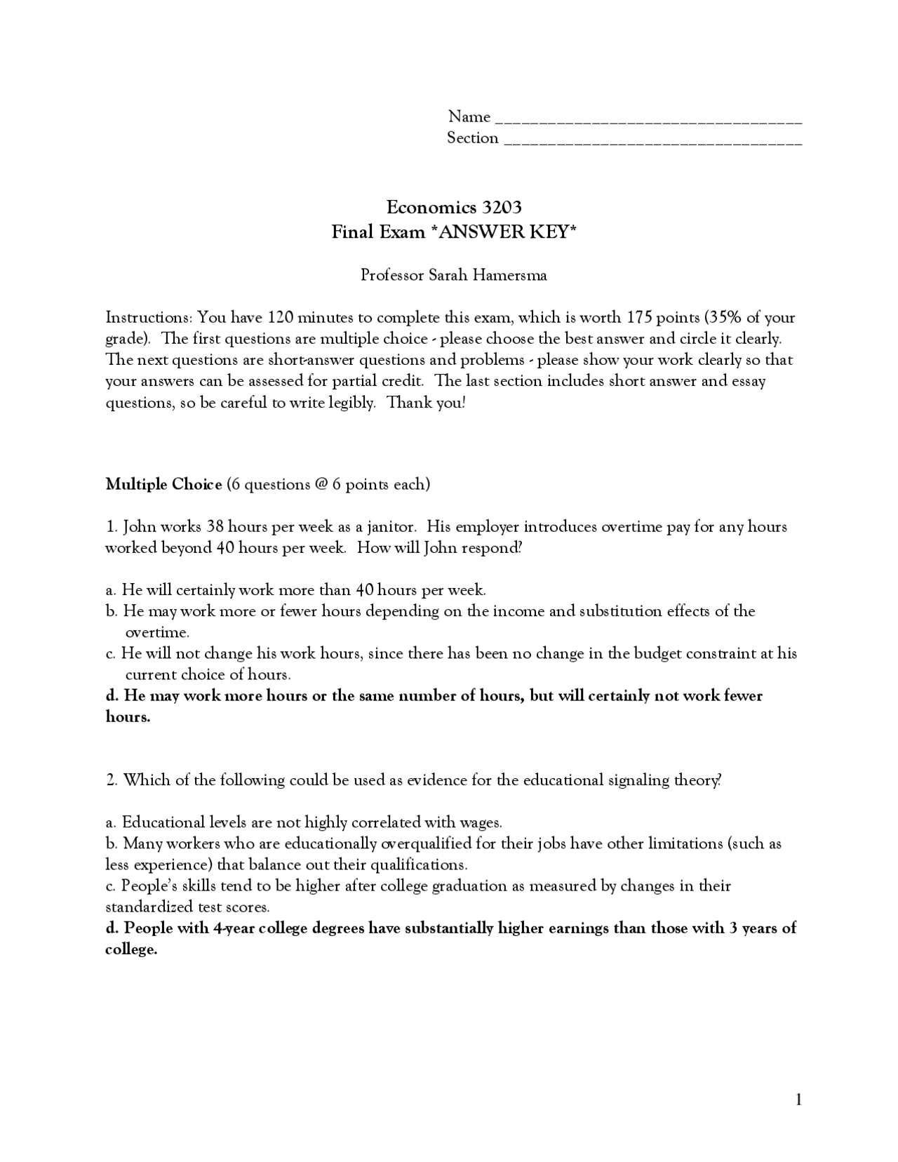 Final Exam With Answer Key Labor Economics Ecp 3203 Docsity