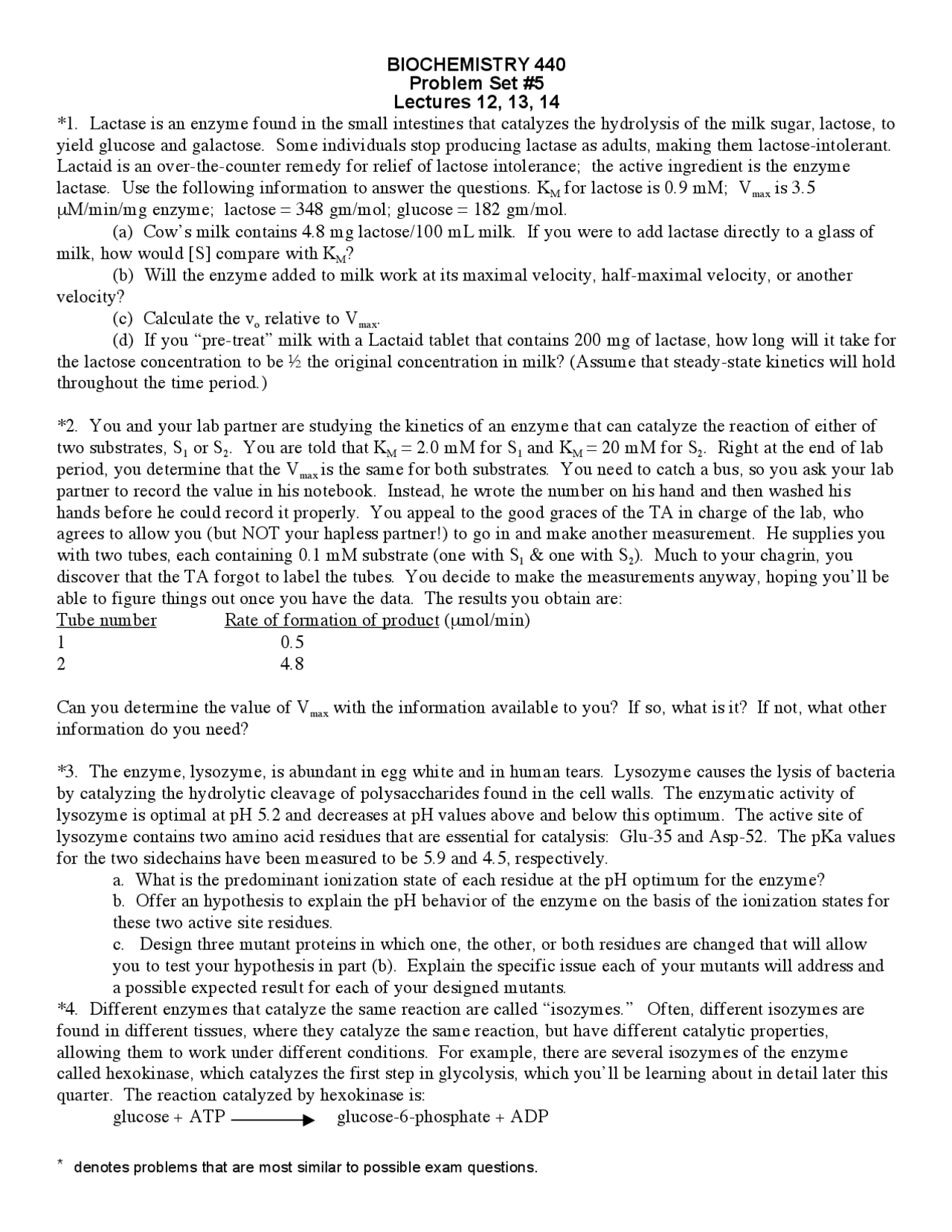Problem Set 5 Questions Biochemistry Bioc 440 Docsity
