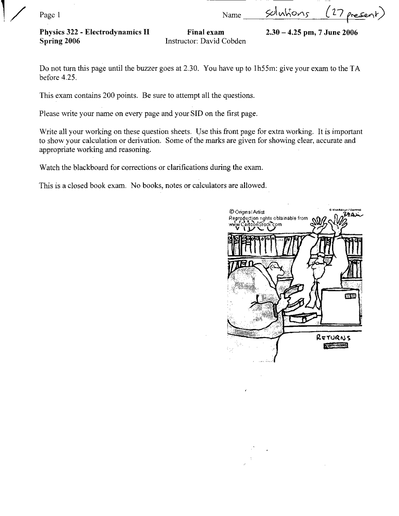 Electrodynamics Ii Final Exam Solutions 2006 Phys 322 Exams