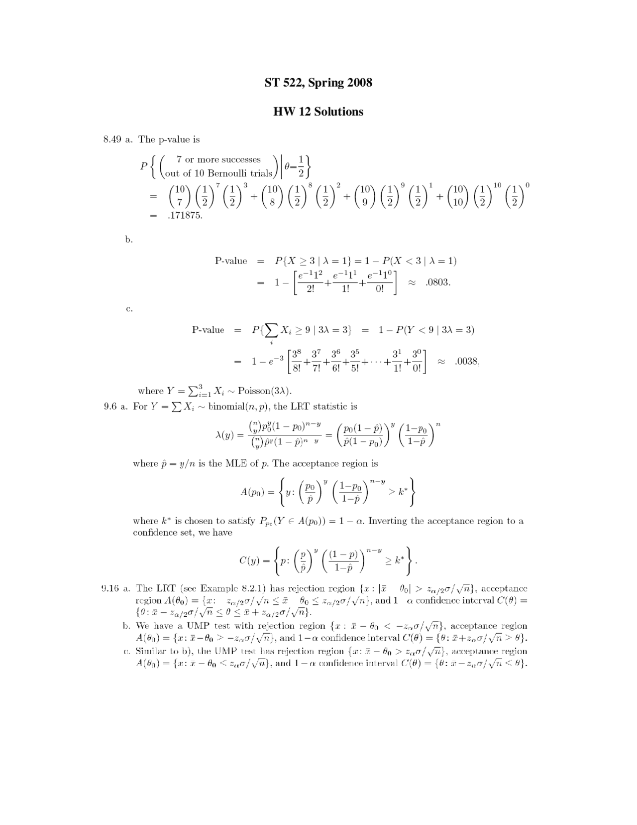 Homework 12 With Solutions For Statistical Theory Ii St 522 Docsity