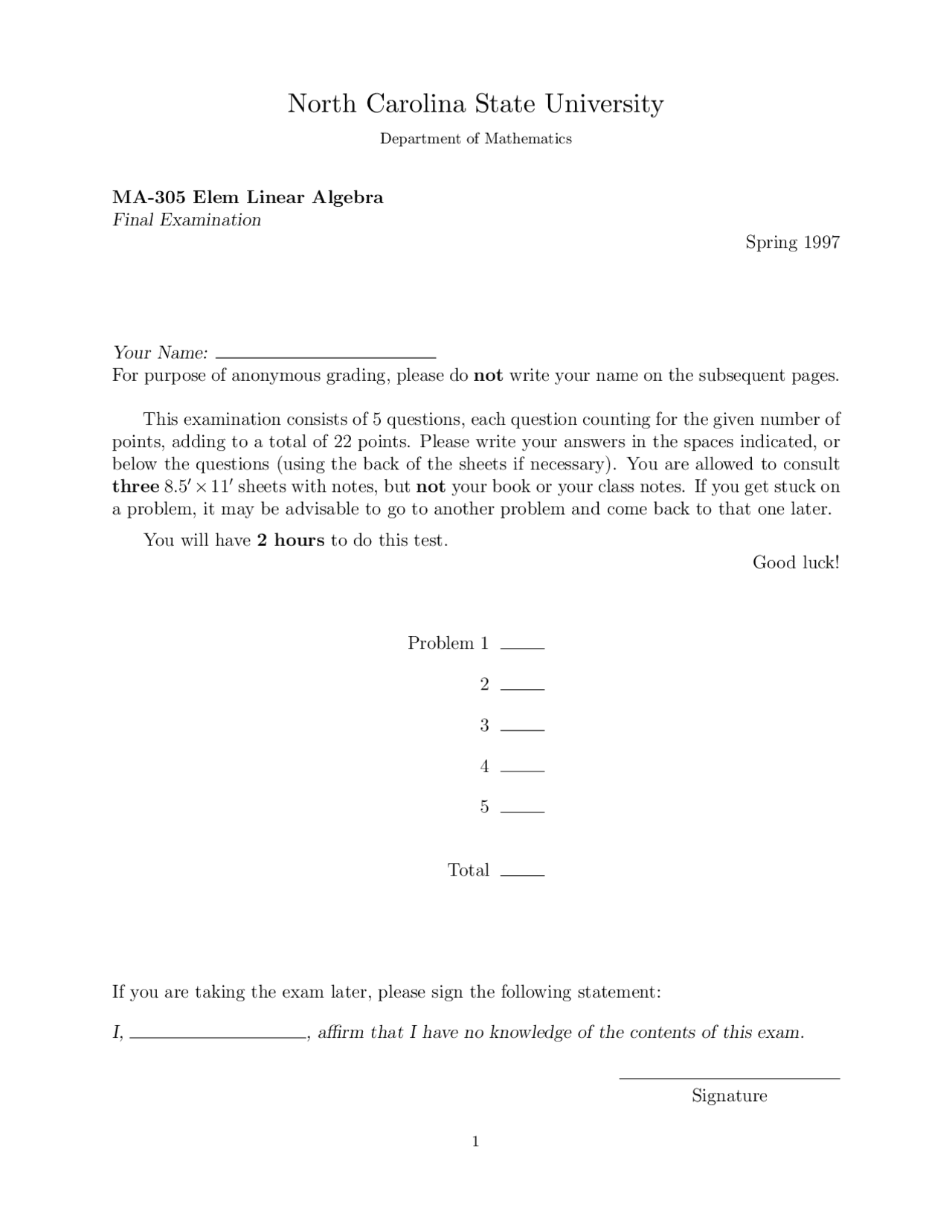 Practice Final Exam Elementary Linear Algebra Ma 305 Docsity