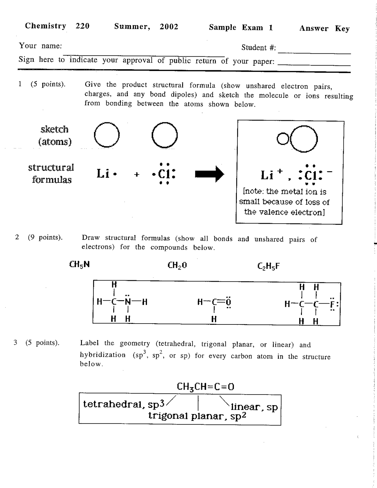 Principles Of Chemistry Ii Exam 1 Sample Questions Fall 2002 Chem