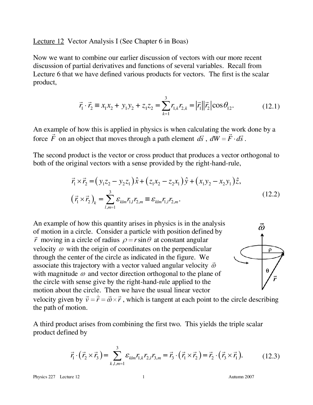 Vector Analysis I Lecture Notes Phys 122 Docsity