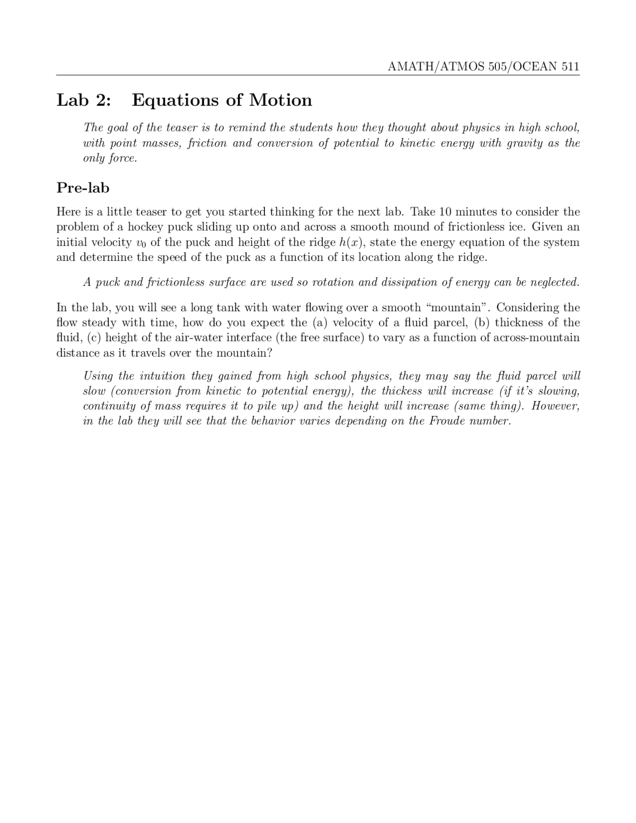 Lab 2 Equations Of Motion Fluid Dynamics Ocean 511 Docsity