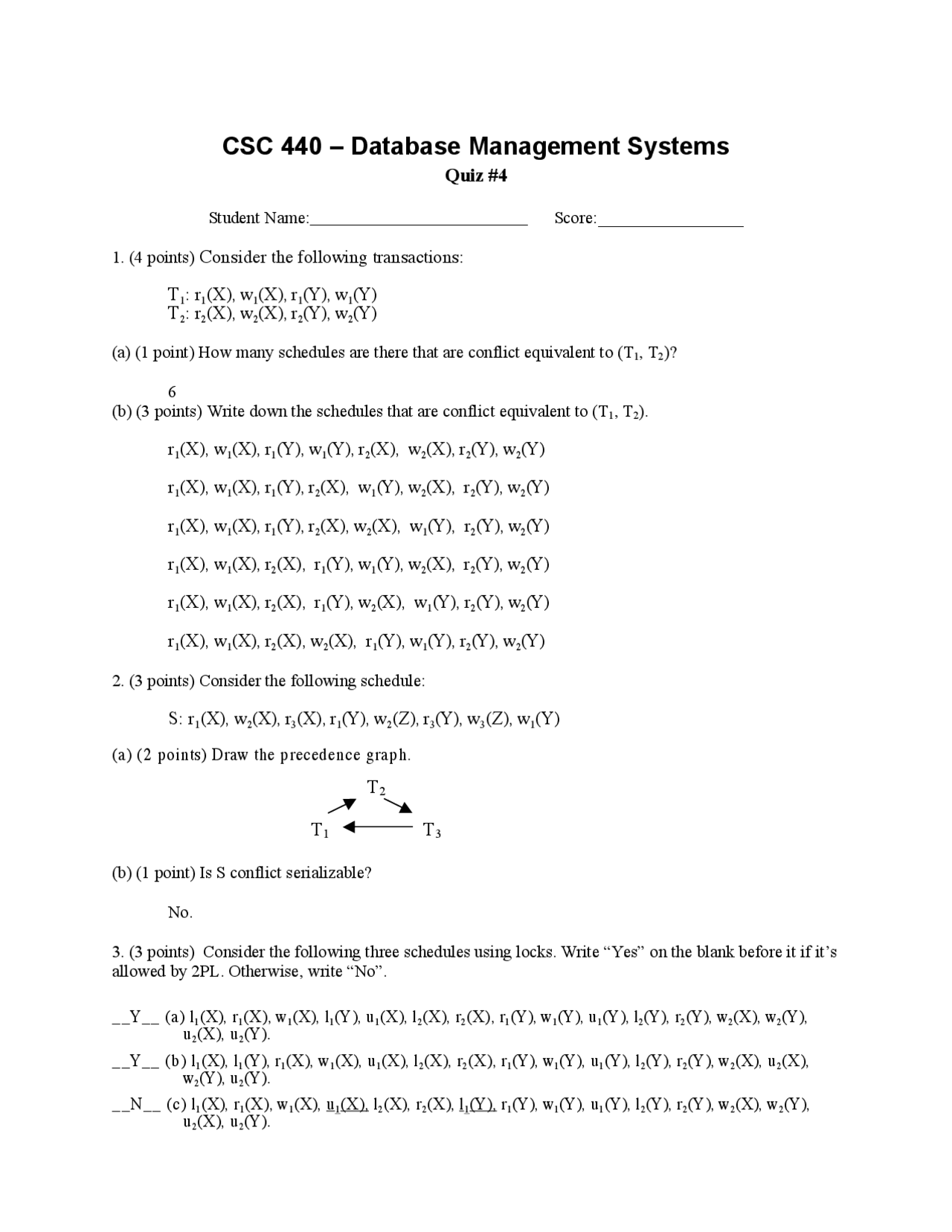 Quiz 4 For Database Management Systems Csc 440 Docsity