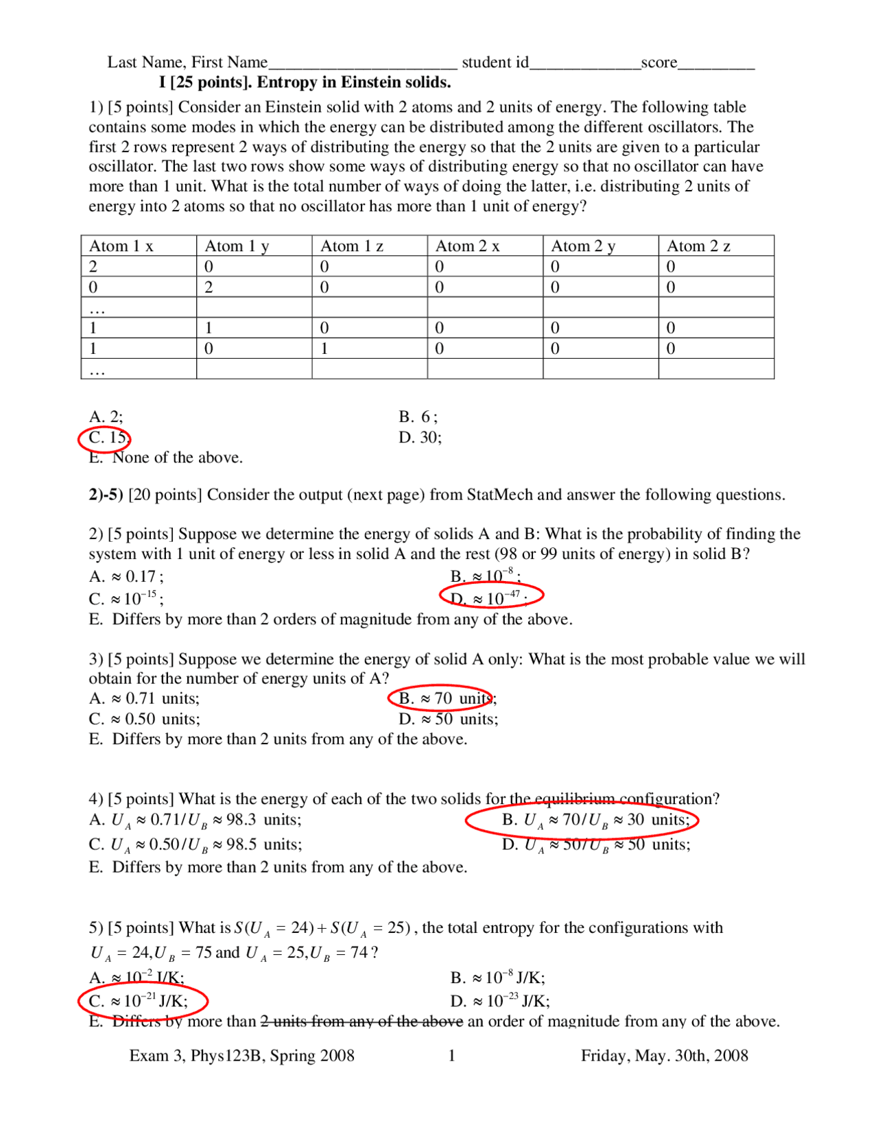 Entropy in Einstein Solids - Questions with Solutions | PHYS 123 - Docsity