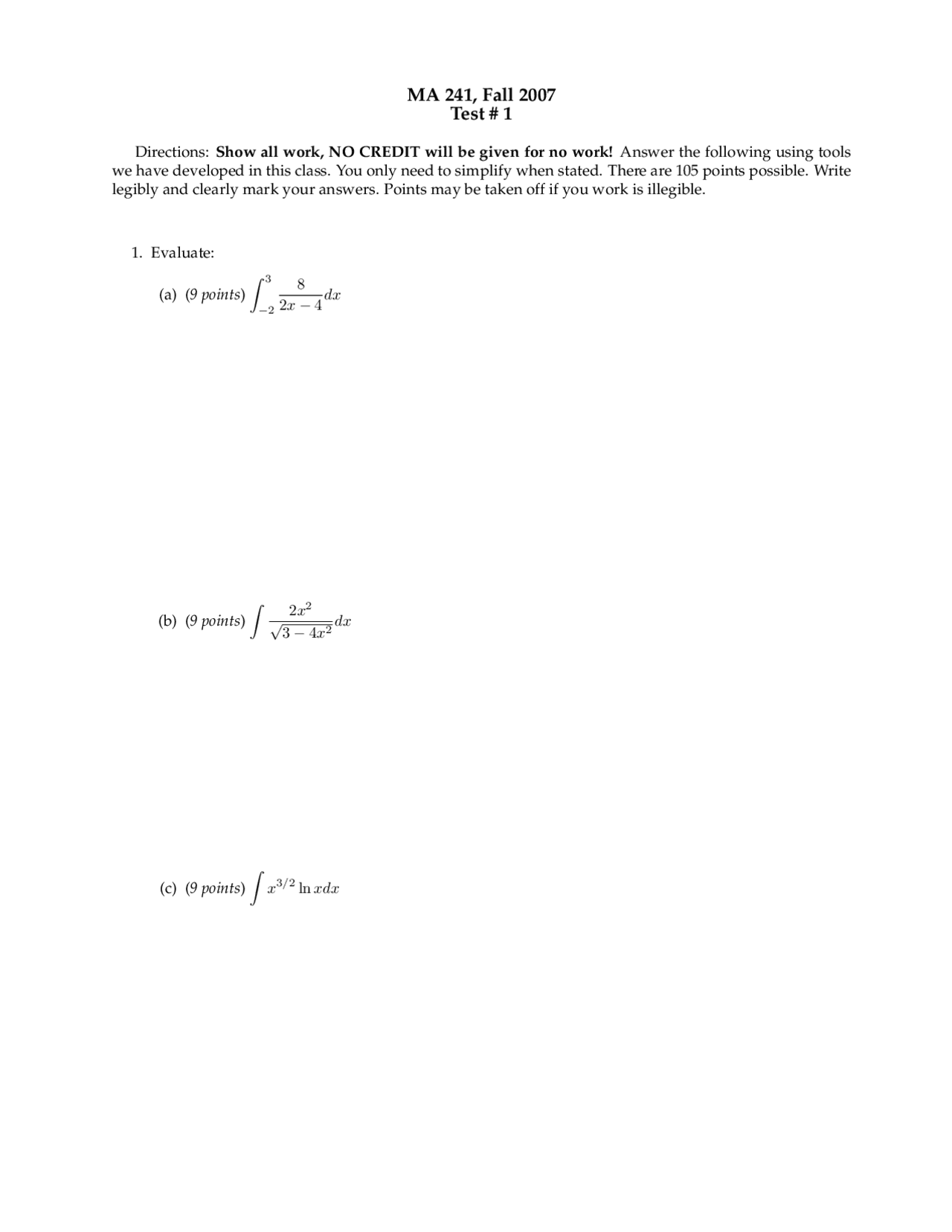 Unsolved Exam Paper For Calculus Ii Ma 241 Docsity