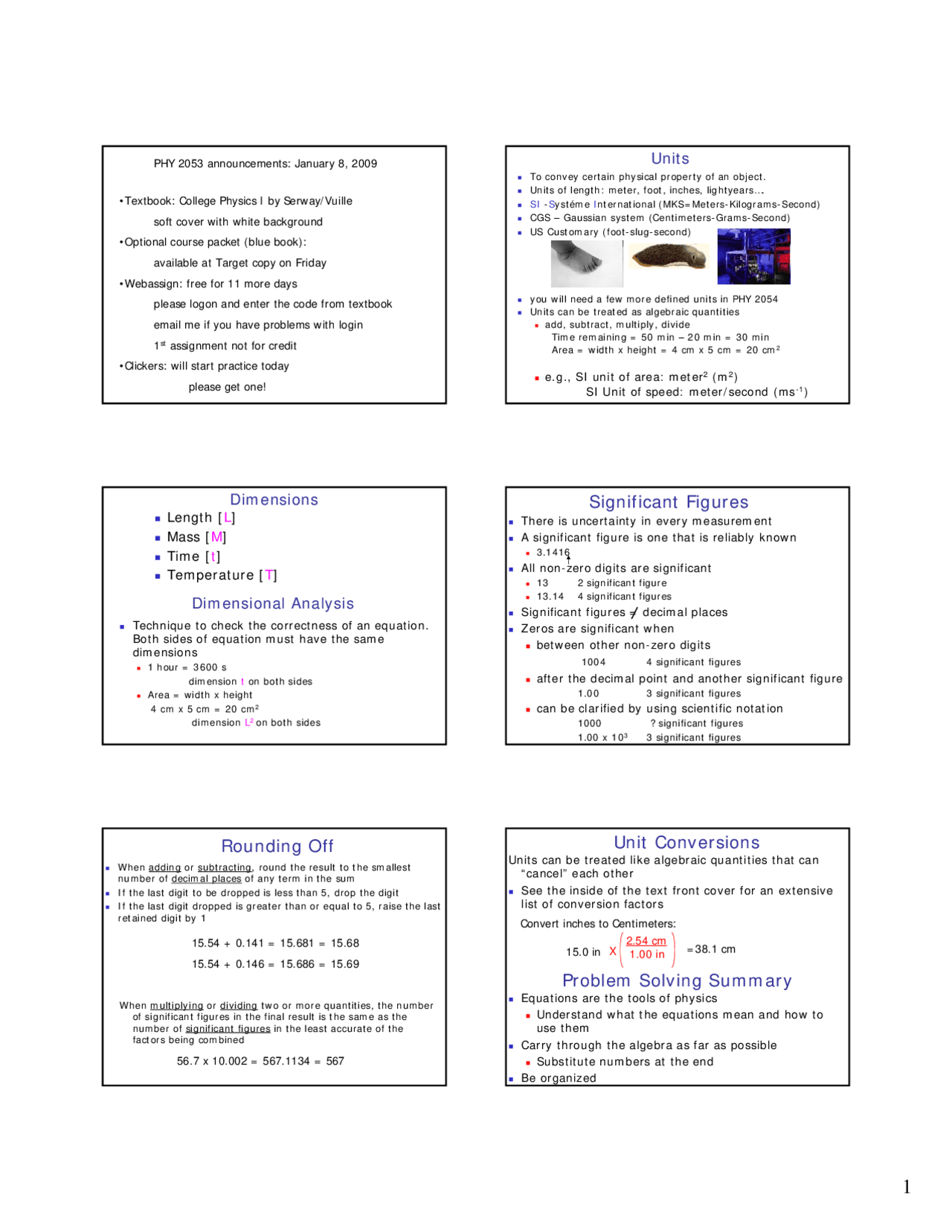 Units Dimensions Dynamics Lecture Slides Physics I Phy 2053