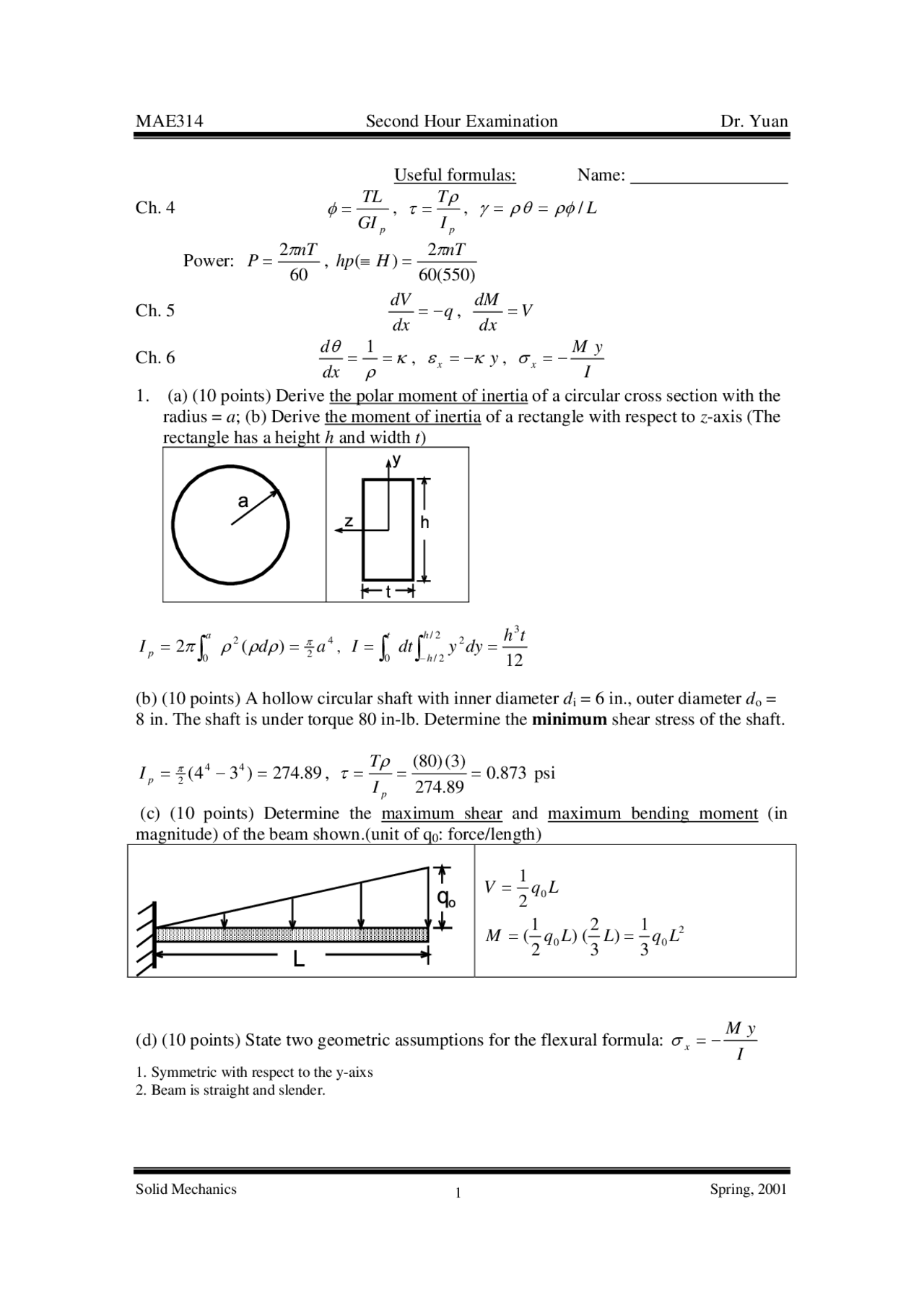 Solid Mechanics - Exam and Useful Formulas | MAE 314 - Docsity