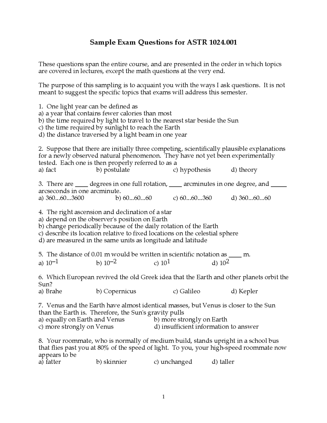 Sample Exam Questions On Stars Galaxies And Universe Astr 1024 Docsity