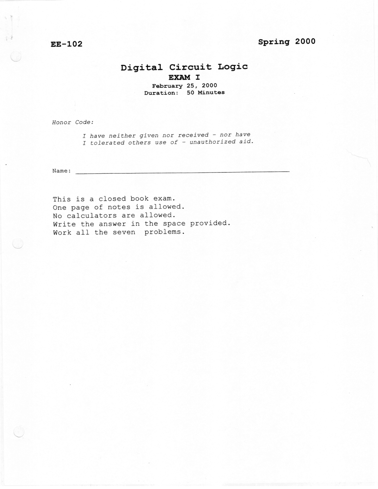 Old Exam 1 With Solution Digital Circuit Logic Ece 102 Docsity