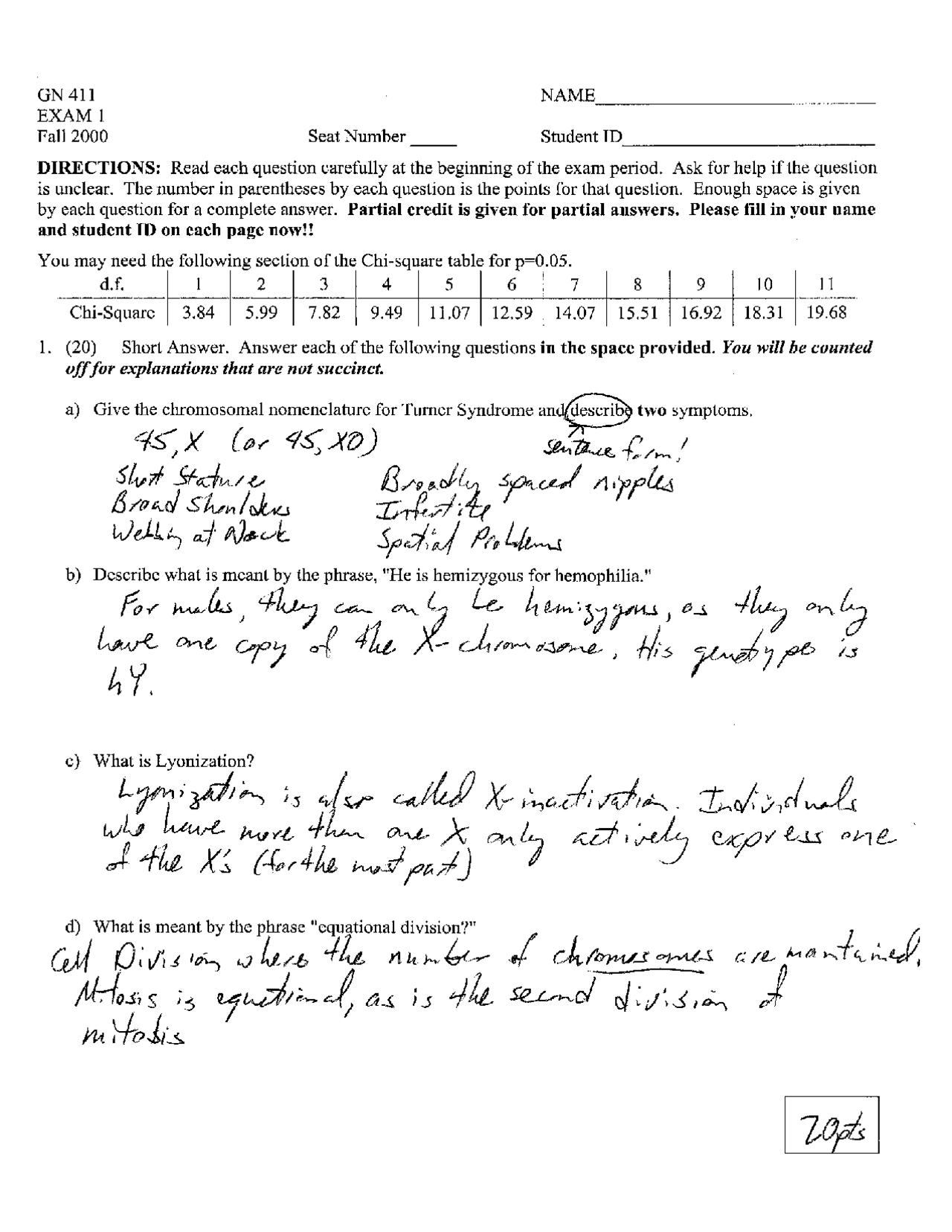 Solutions for Exam 1 - Principles of Genetics | GN 411 - Docsity