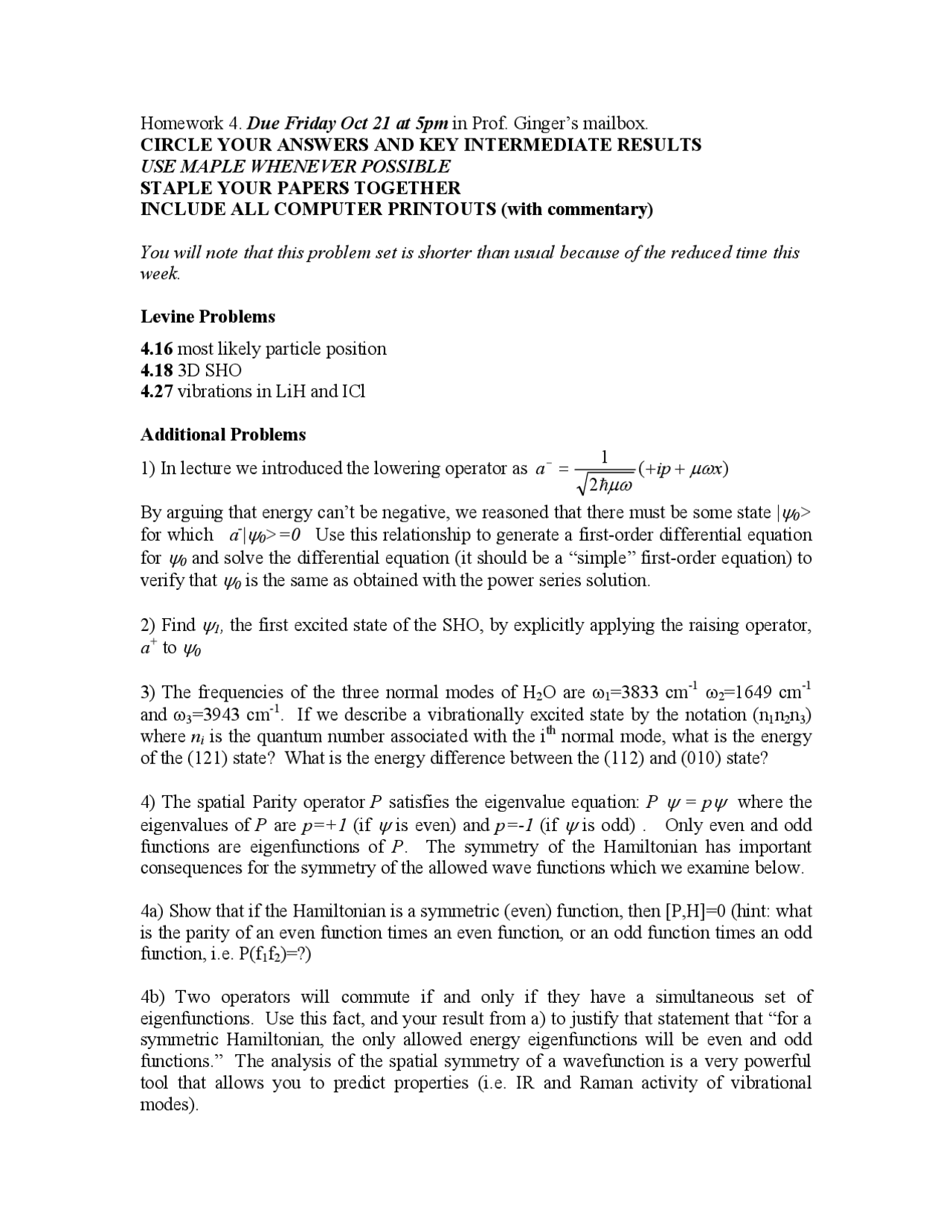 Homework 4 Introduction Quantum Chemistry Chem 550 Docsity