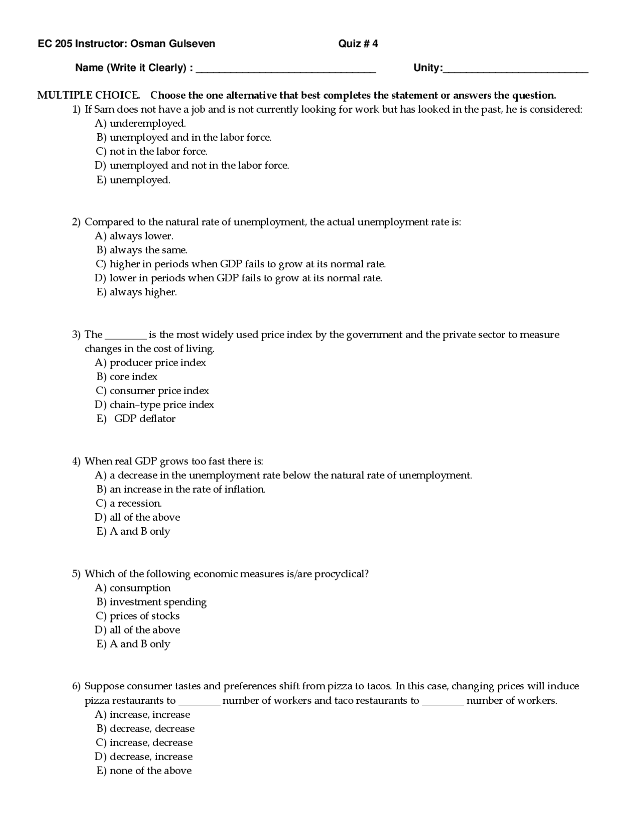 Quiz 4 Questions with Answer Key - Fundamentals of Economics | EC 205 ...