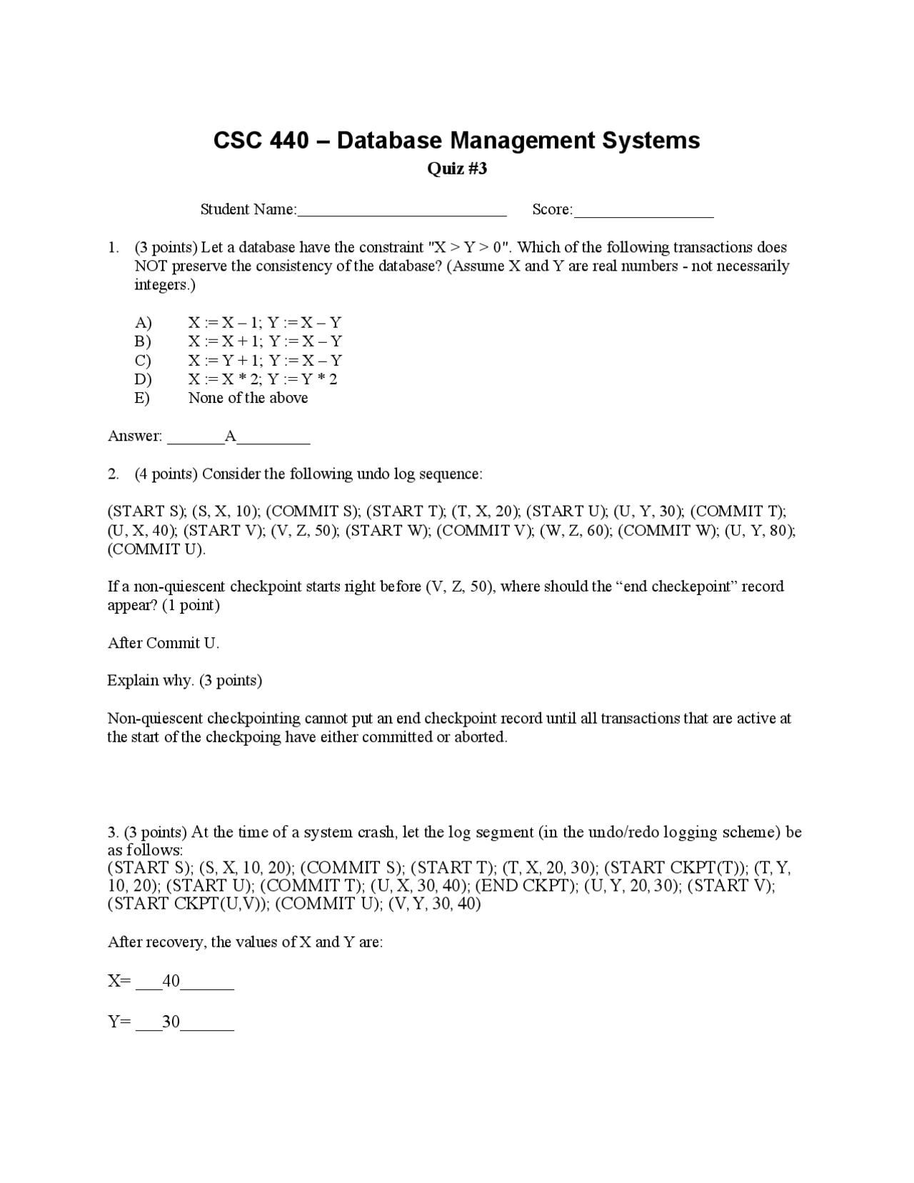 3 Problems On Database Management Systems Quiz 3 Csc 440 Docsity