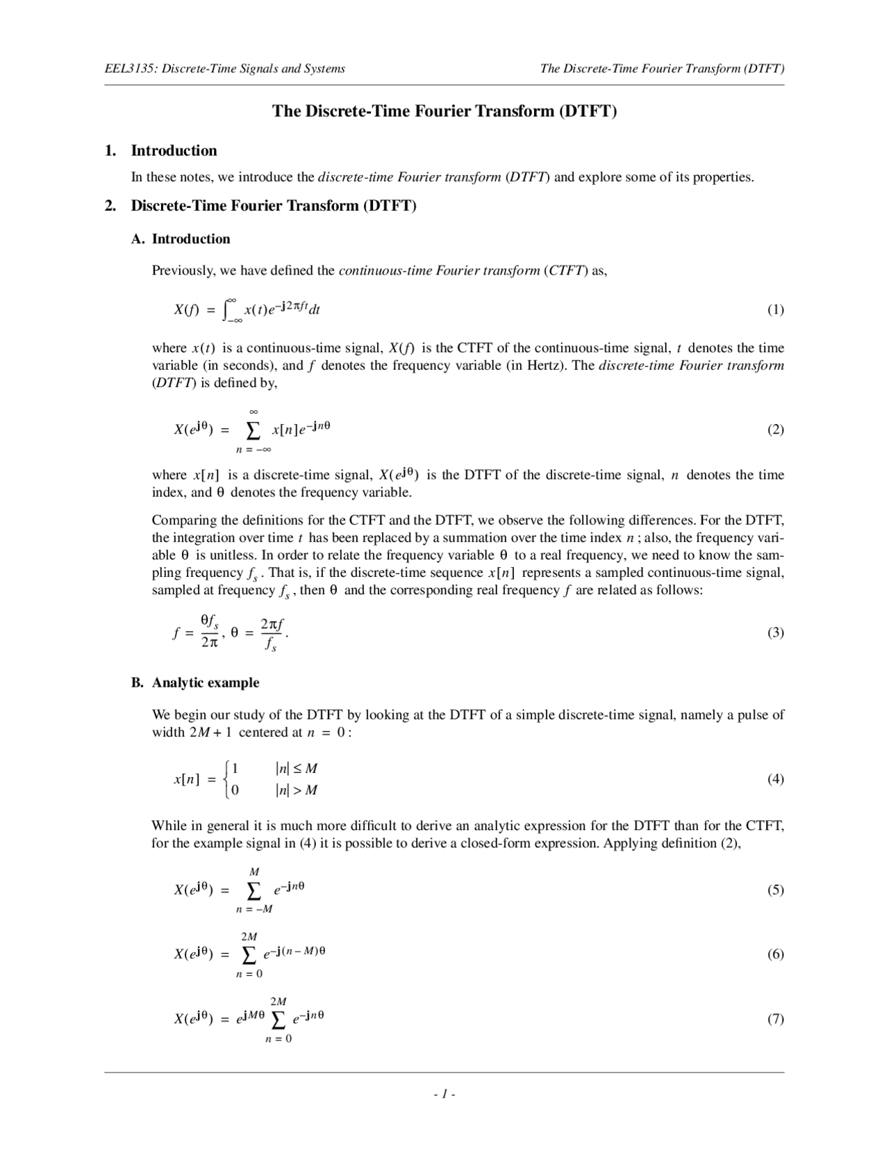 Lecture Notes On Introduction To Discrete Time Fourier Transform Eel