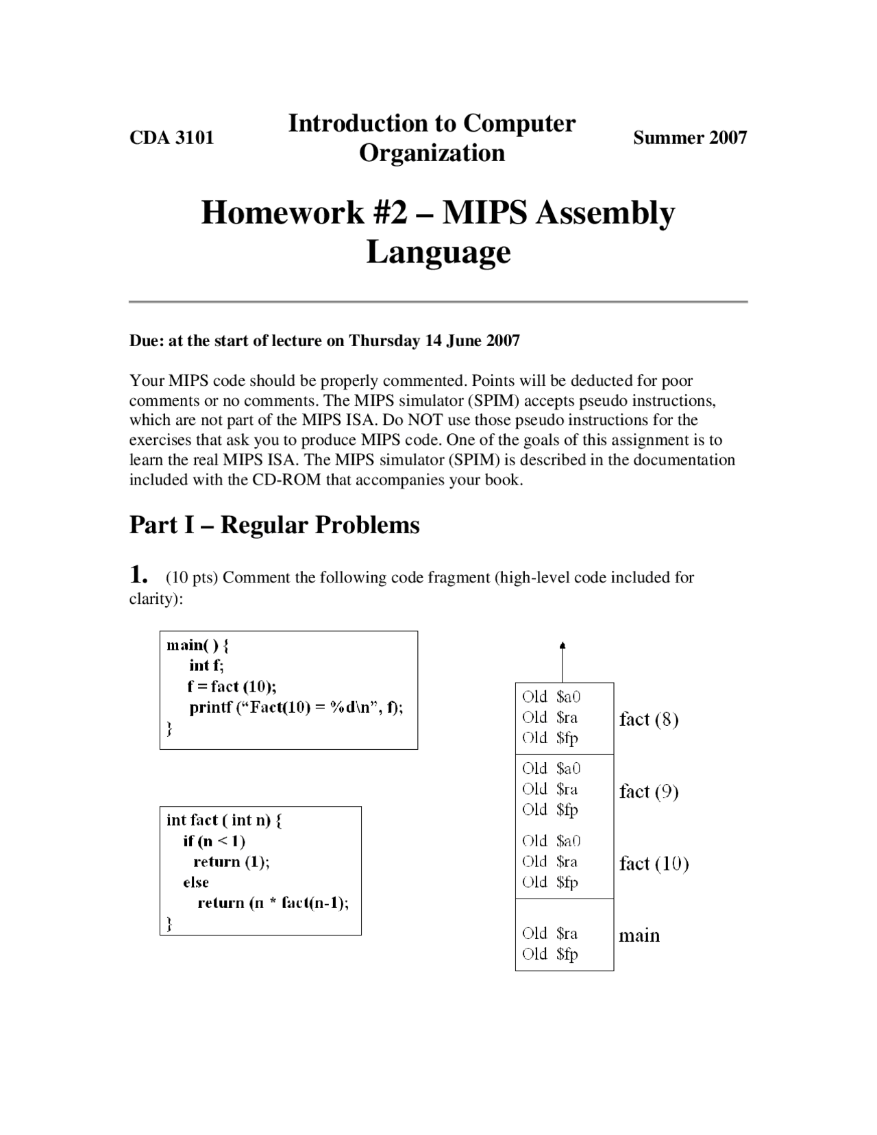 Mips Assembly Language Homework Ii Cda 3101 Docsity