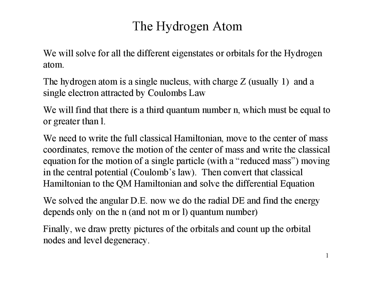 The Hydrogen Atom - Lecture Slides | CHEM 455 - Docsity