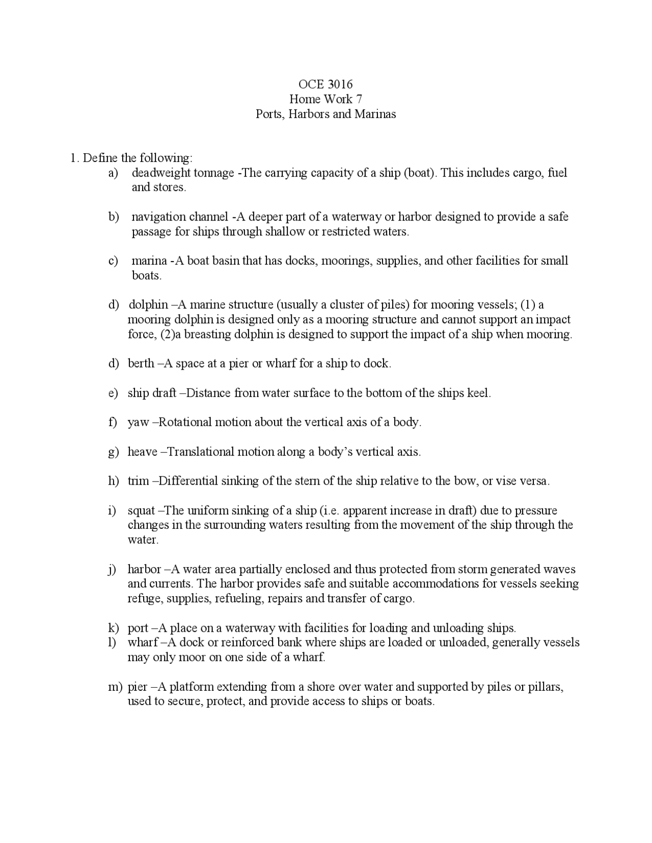 Homework 7 Introduction To Coastal And Oceanographic Engineering
