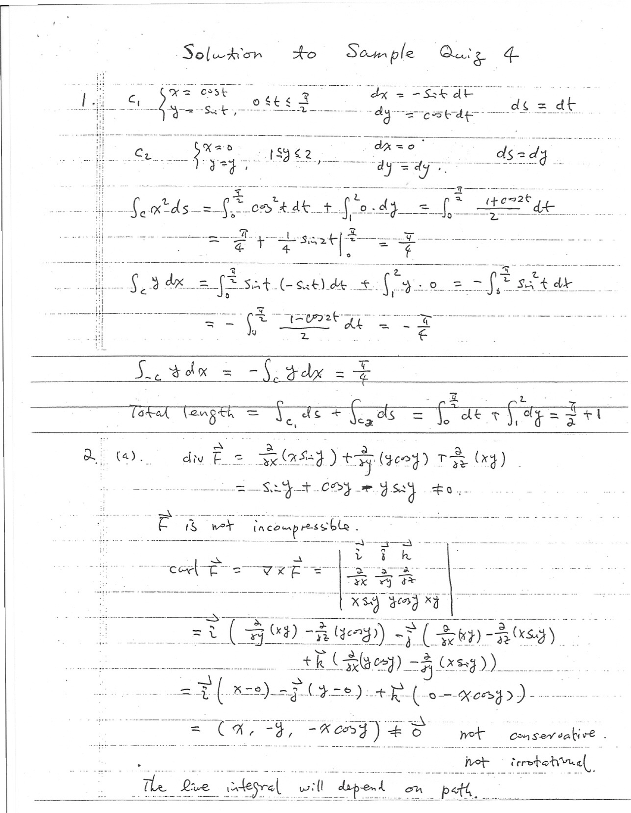 Calculus Iii Solutions For Sample Quiz 4 Ma 242 Docsity