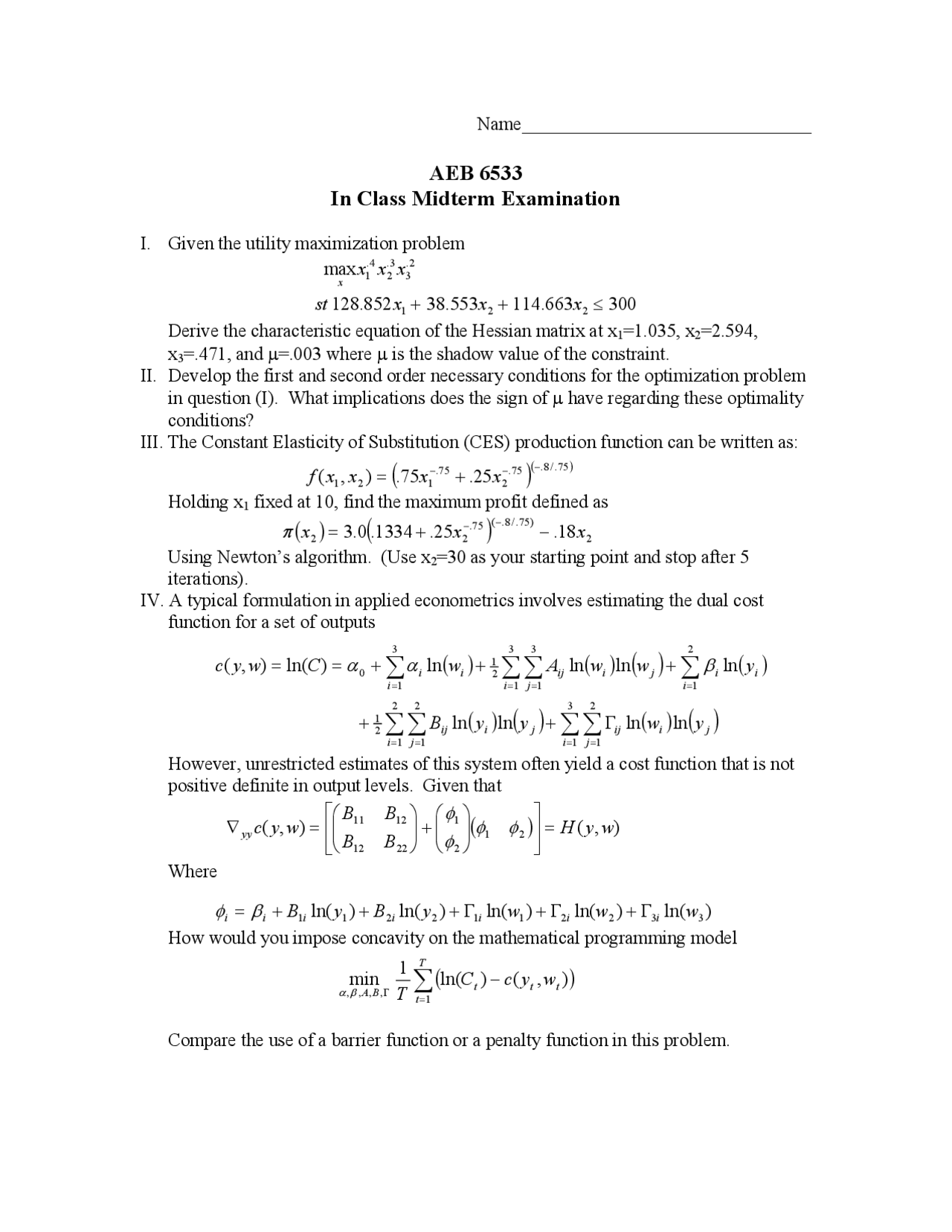 Take Home Midterm Examination - Static and Dynamic Optimization Models | AEB 6533 - Docsity