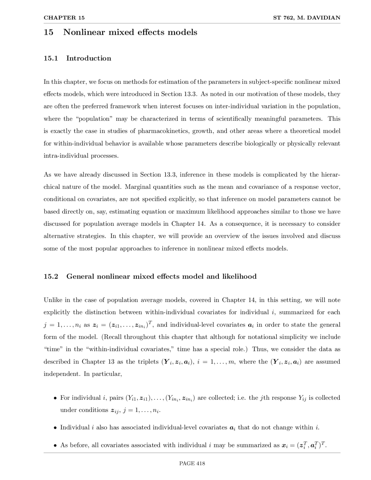 Nonlinear Mixed Effect Models Of Statistical Models St 762 Docsity