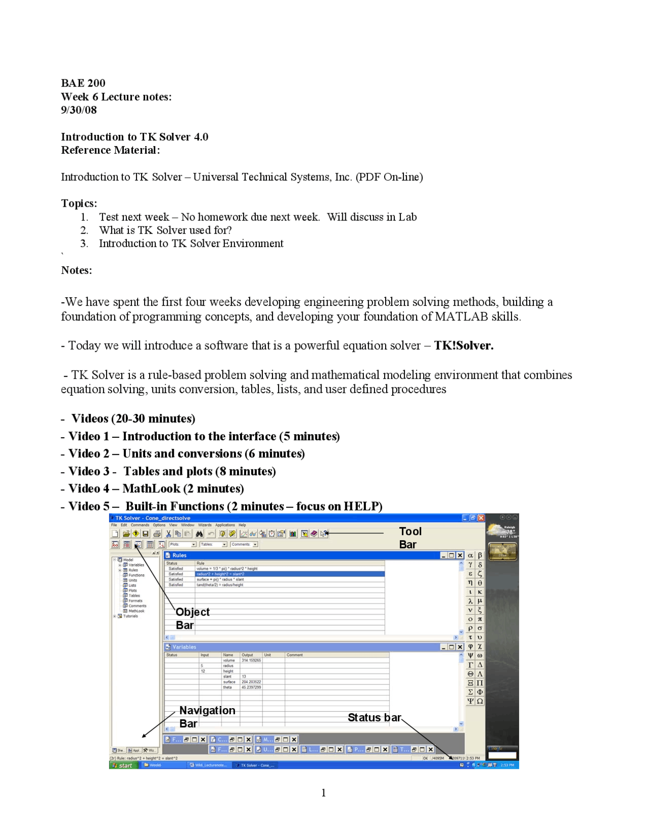 Introduction to TK Solver - Lecture Notes | BAE 200 - Docsity