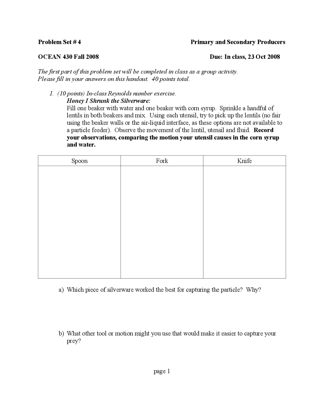 Problem Set 4 Biology Ocean Fall 2008 Ocean 430 Docsity