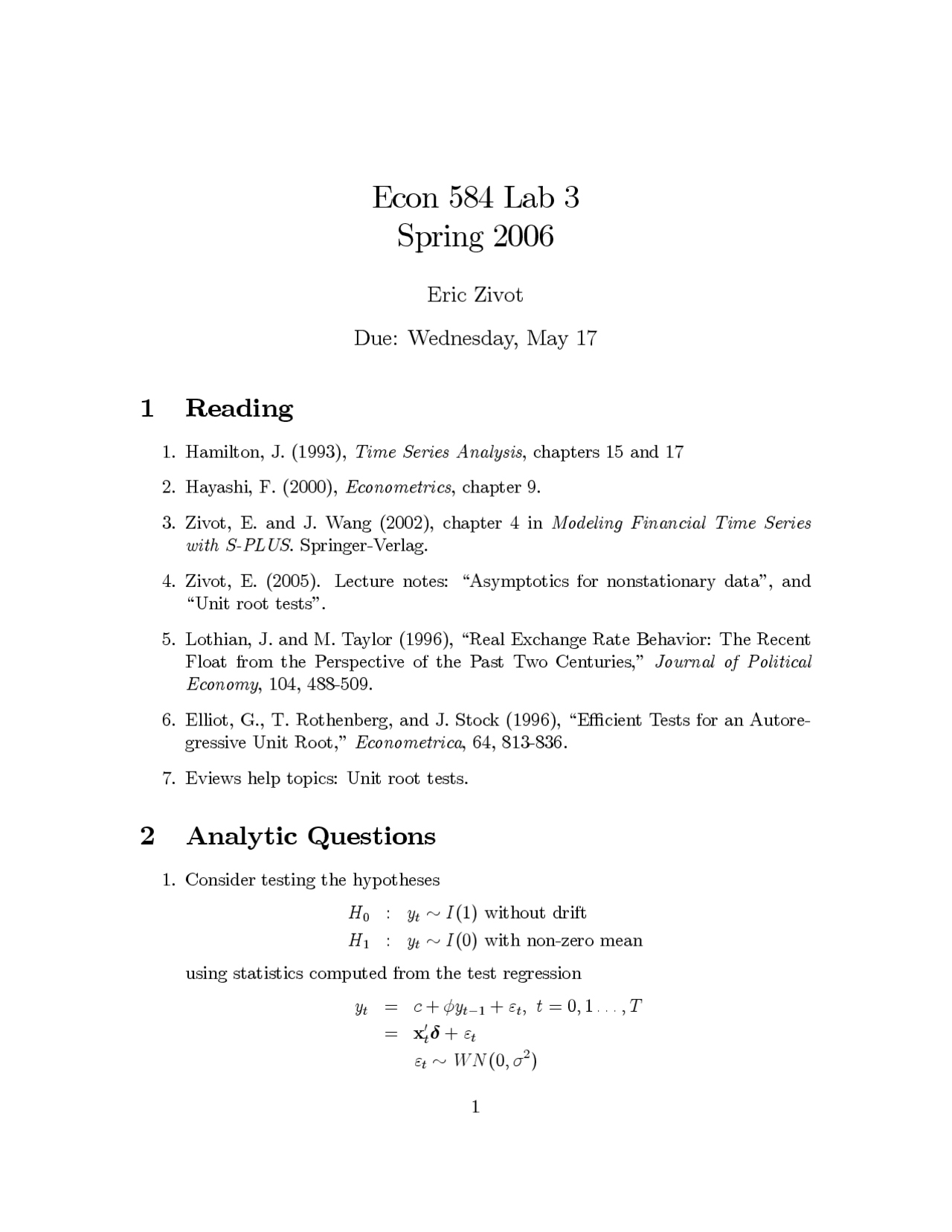Reading And Analytical Questions Lab 3 In Econometric Theory Ii Econ 584 Lab Reports