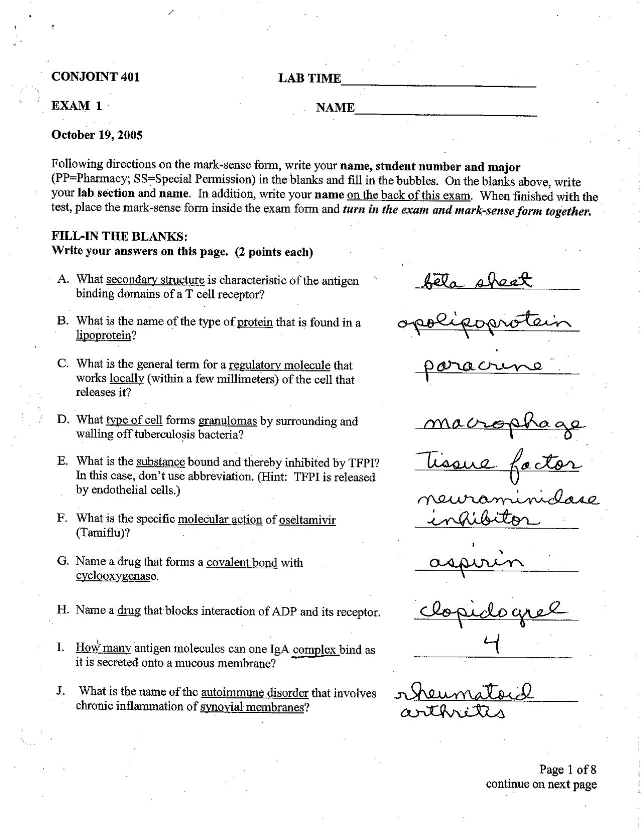 Human Anatomy And Physiology Exam 1 Solved Question Conj 401 Docsity