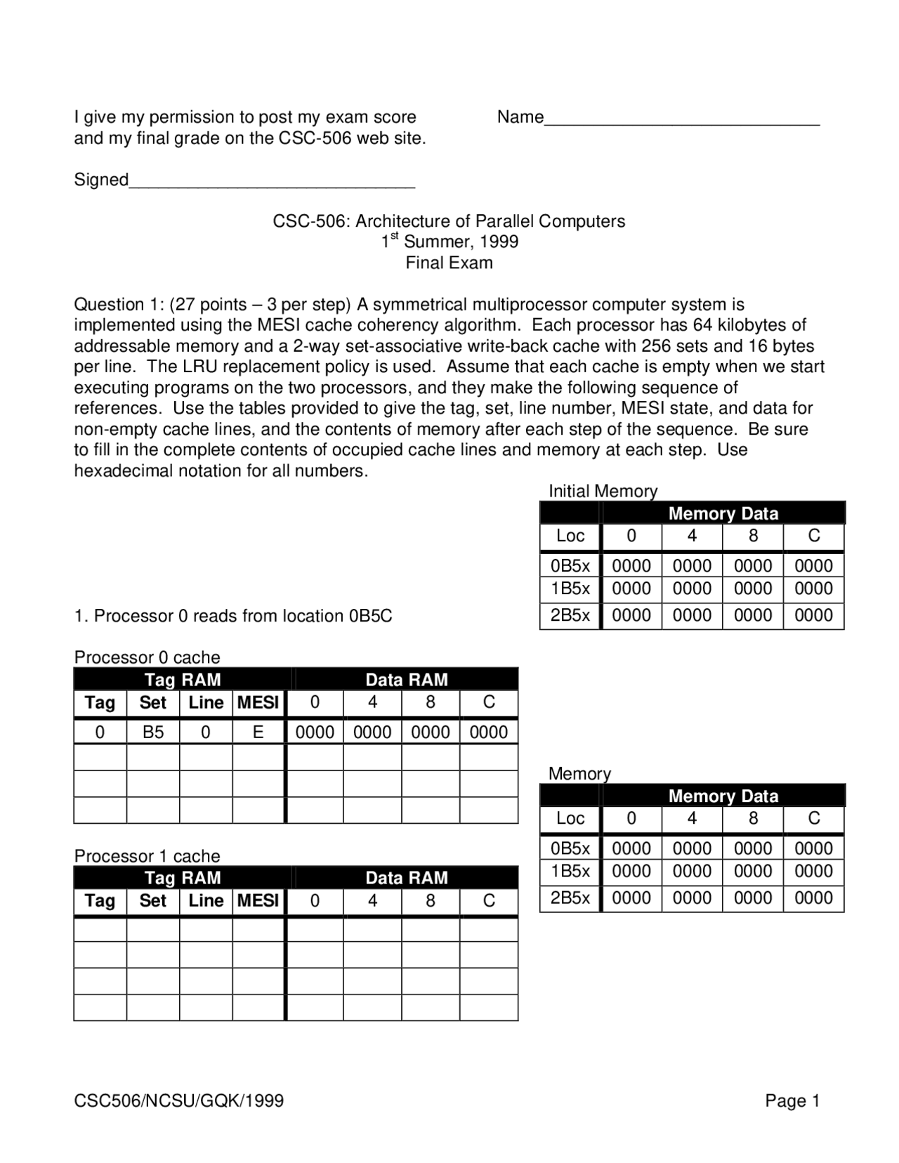 Architecture Of Parallel Computers Final Exam 1999 Csc 506 Docsity