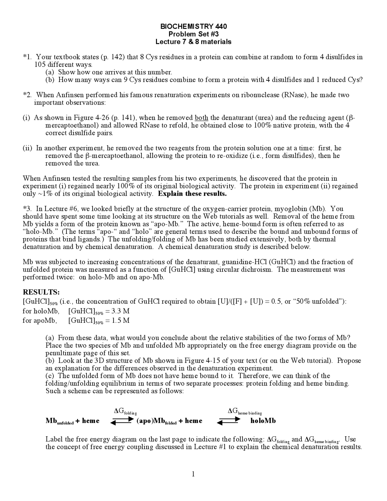 Problem Set 3 Questions Biochemistry Bioc 440 Docsity