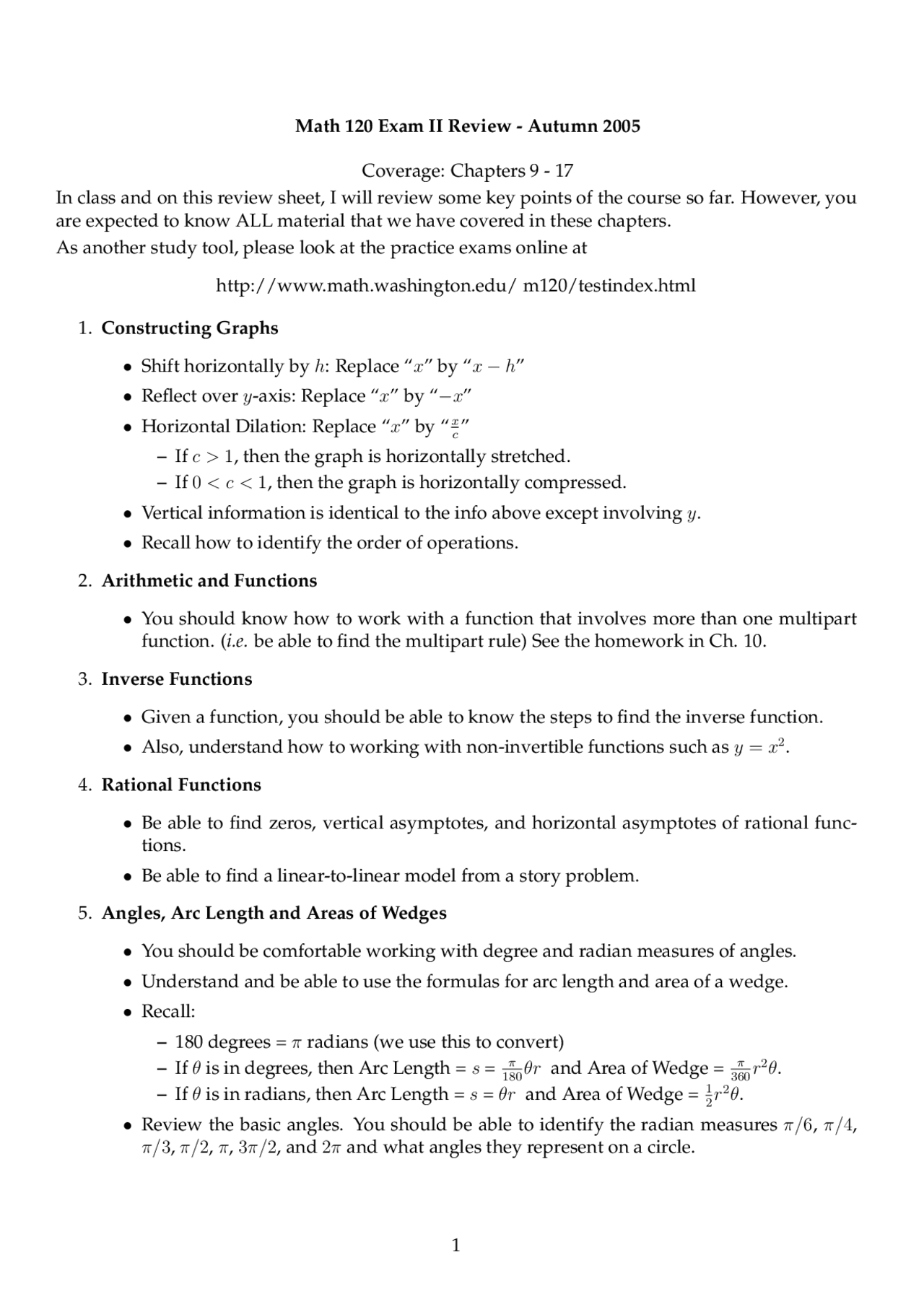 Exam 2 Review Sheet Precalculus 2005 Math 120 Docsity