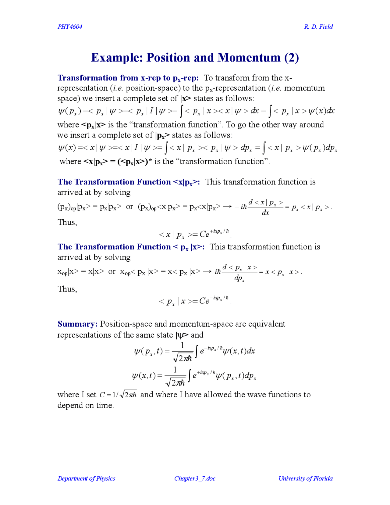 Example: Position and Momentum - Introductory Quantum Mechanics I | PHY 4604 - Docsity