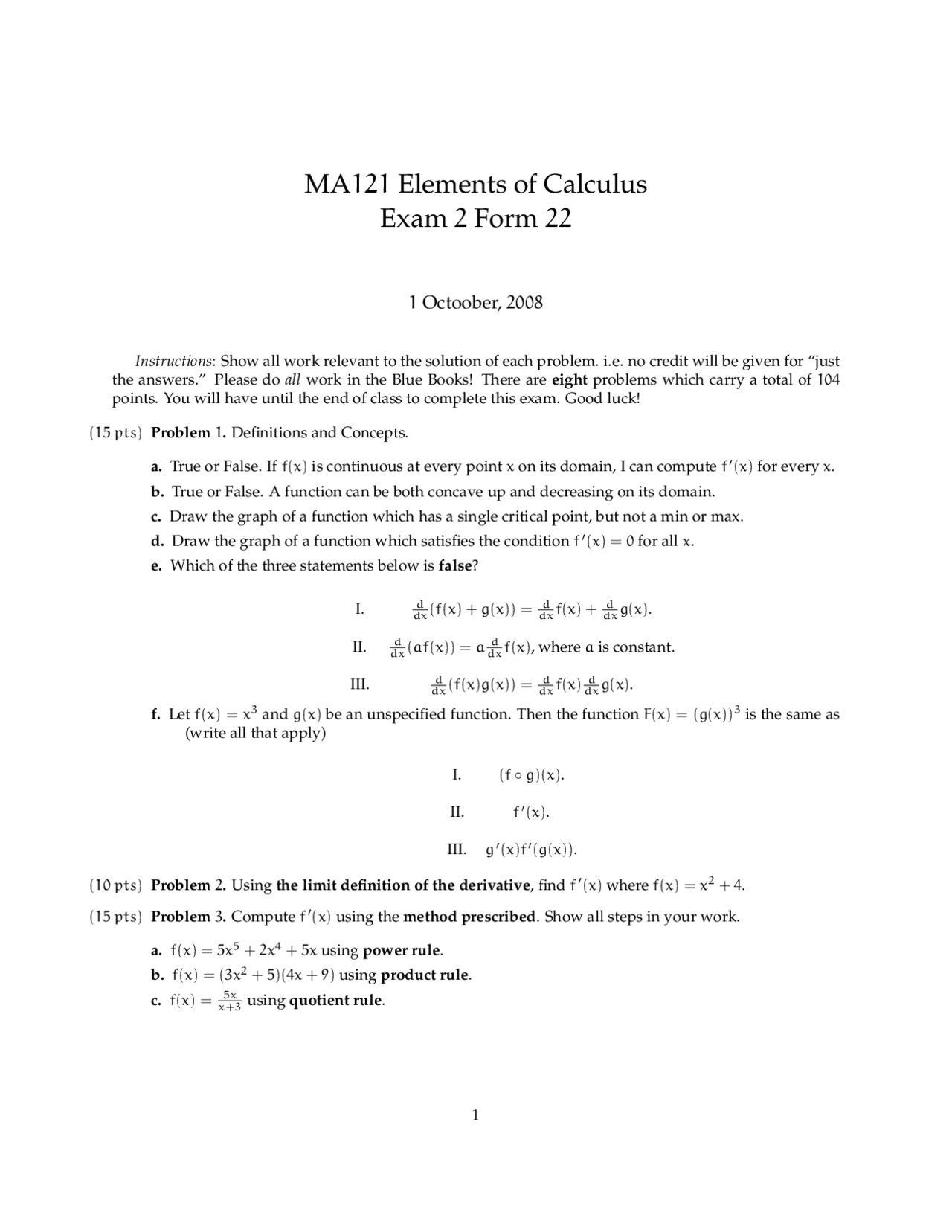 Exam 2 Form 22 Elements Of Calculus Ma 121 Docsity