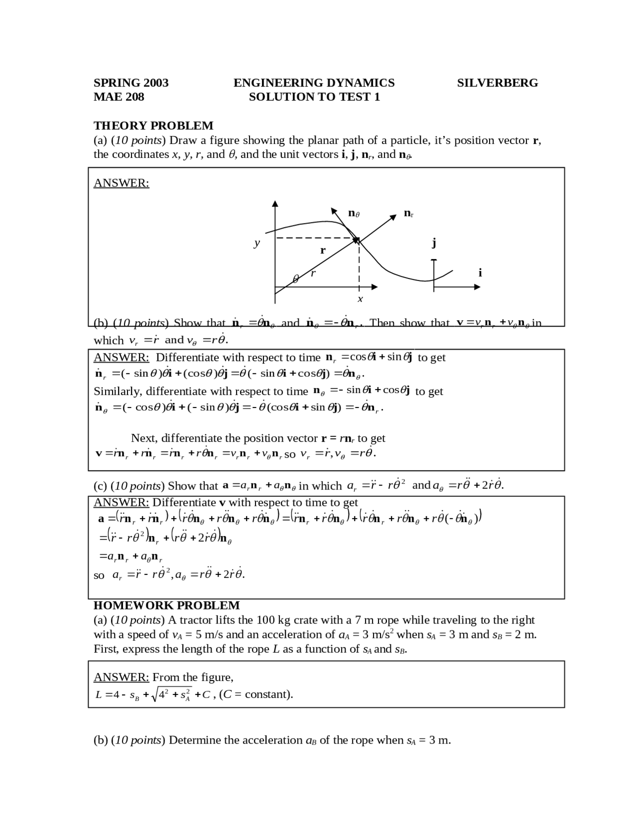 Theory and Homework Problem with Solution - Test 1 | MAE 208 - Docsity