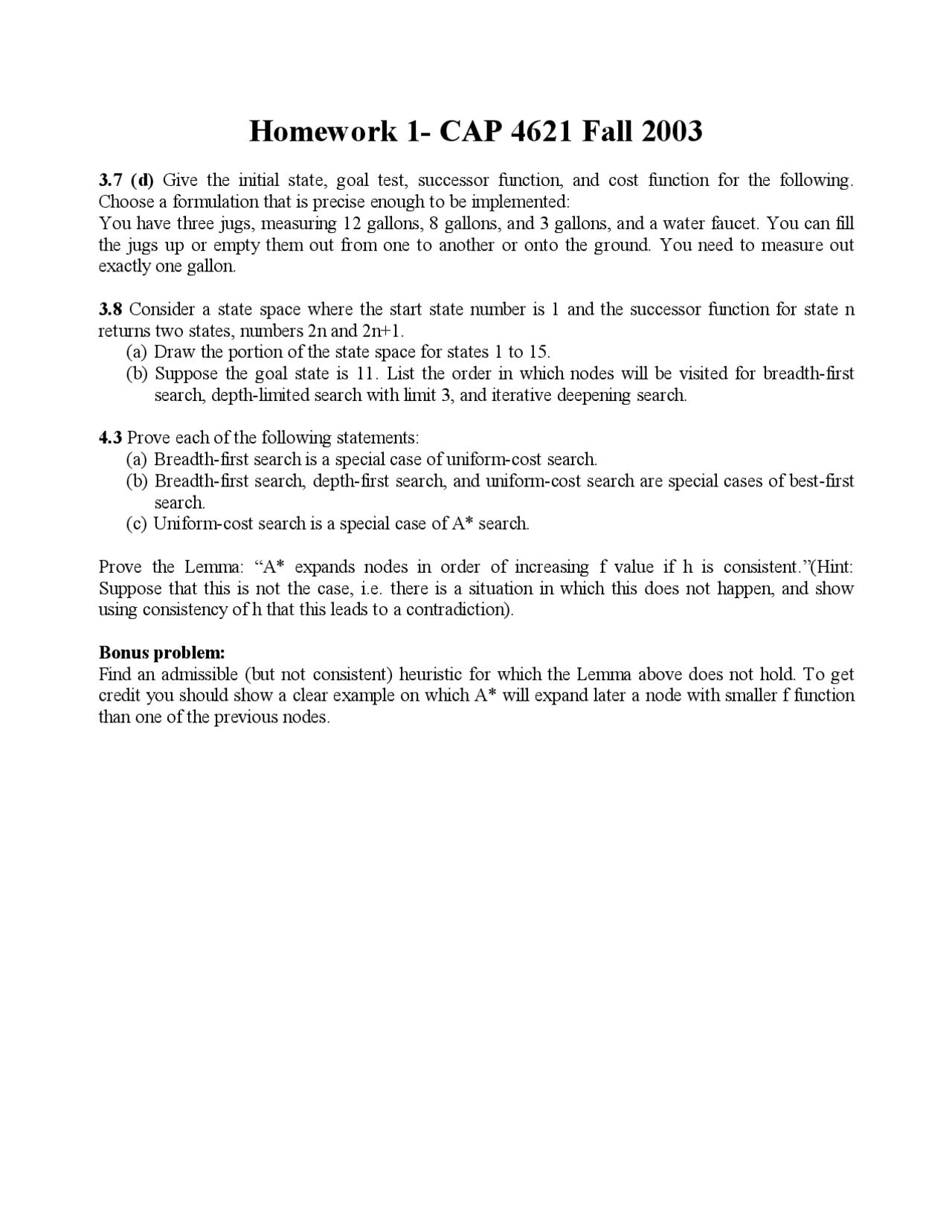Artificial Intelligence Homework 1 Problems Cap 4621 Docsity