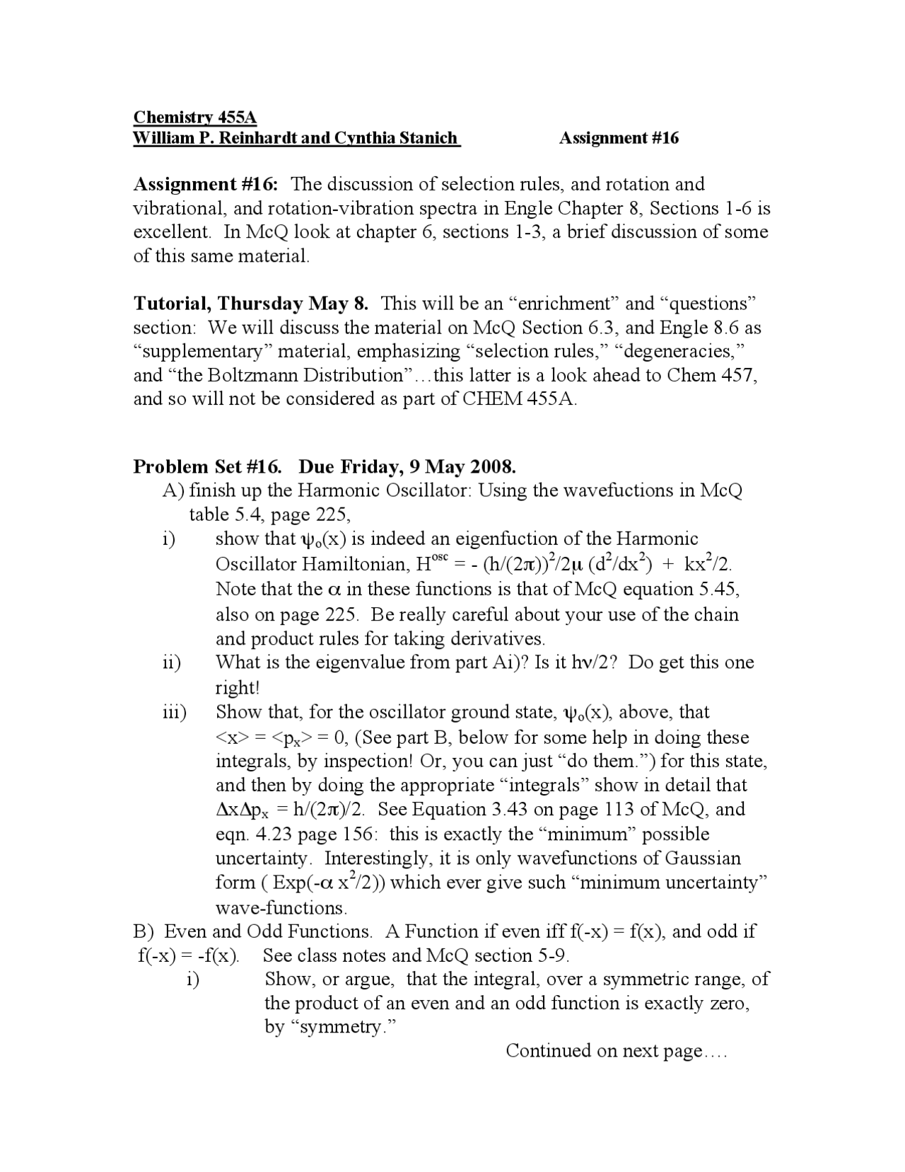 Assignment 16 Physical Chemistry Chem 455 Docsity