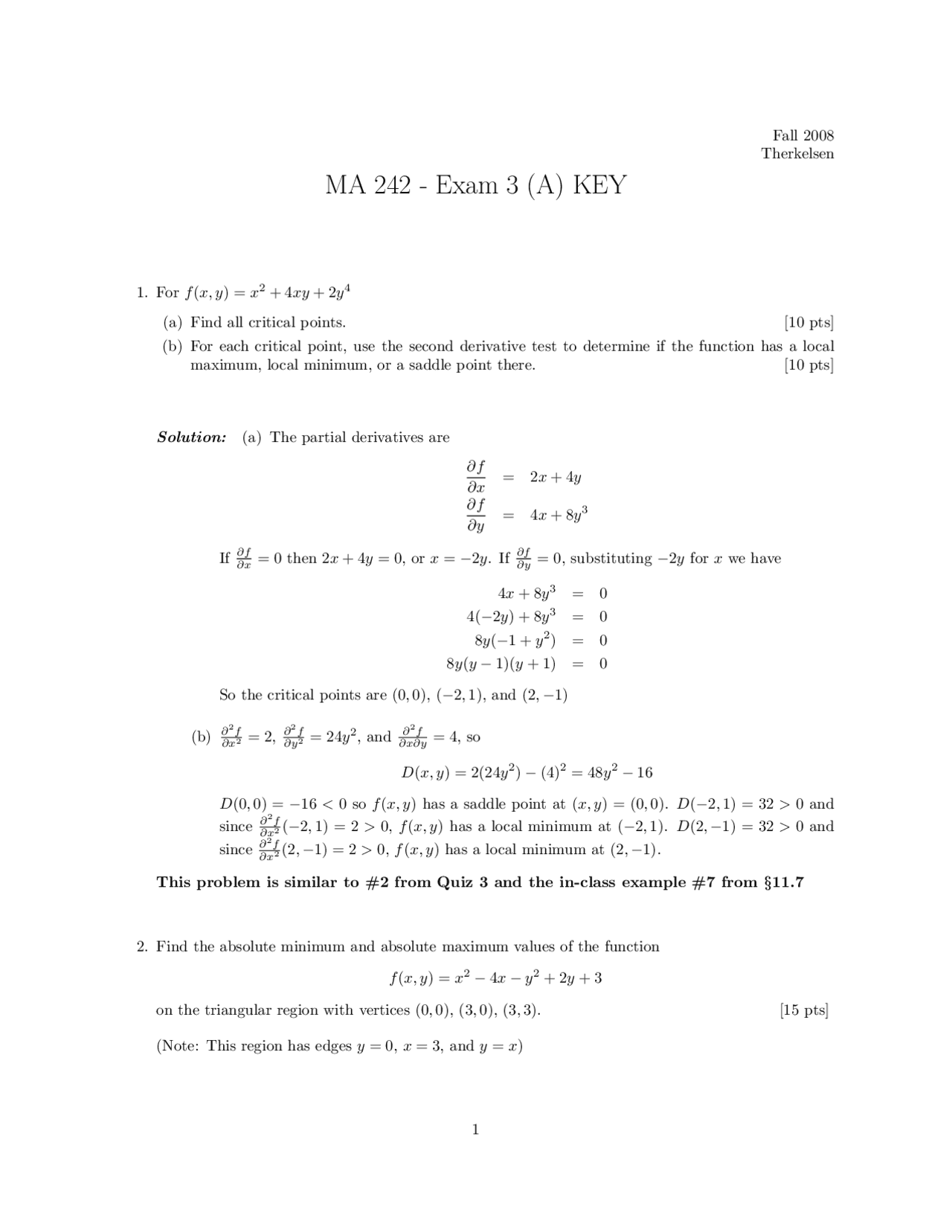 Calculus III - Practice Exam with Answers | MA 242 - Docsity