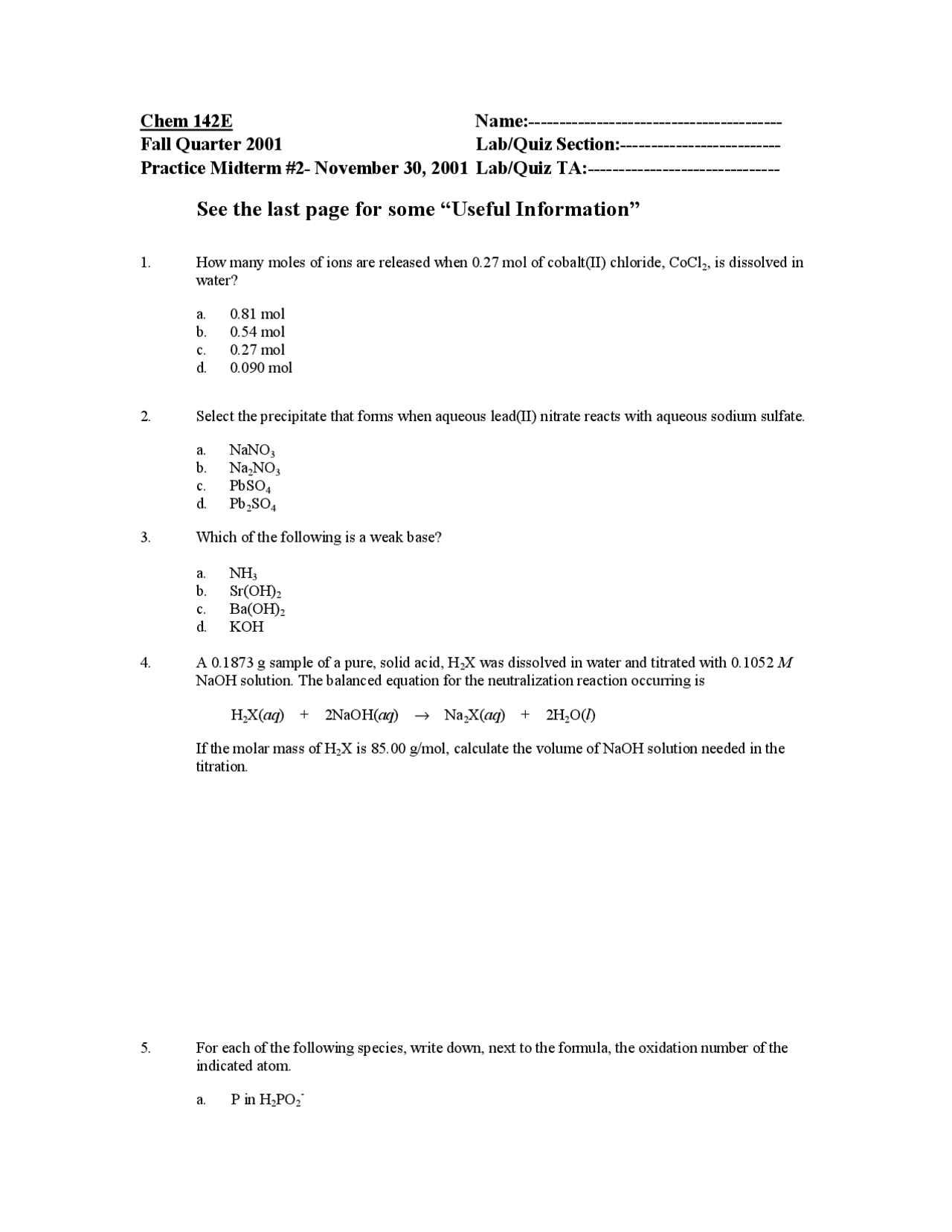 Midterm 2 - General Chemistry - Fall 2001 | CHEM 142 - Docsity