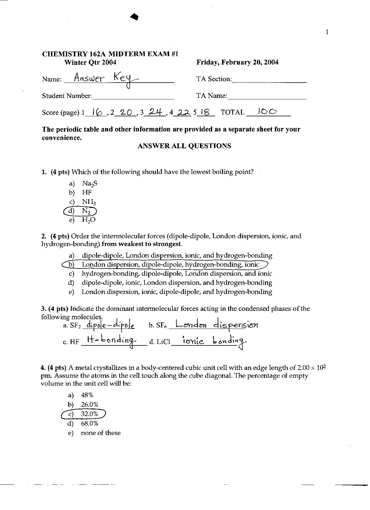 Midterm Exam 1 Questions with Answer Key - General Chemistry | CHEM 162 ...