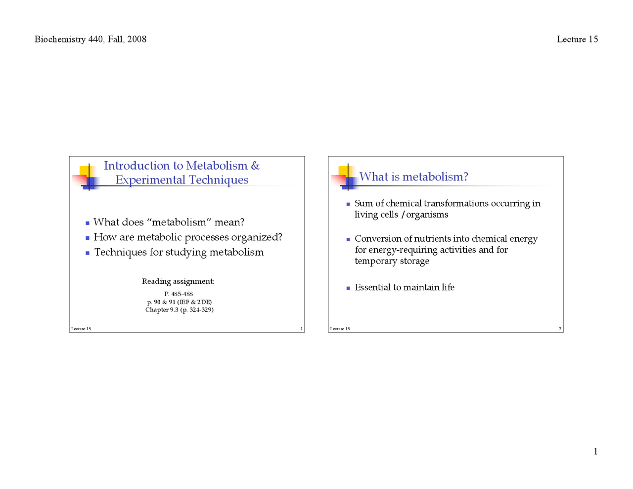 Introduction To Metabolism And Experimental Techniques Slides Bioc