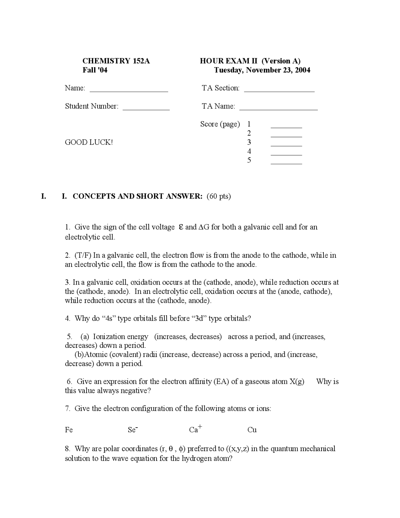 General Chemistry Exam 1 Questions Versions A Chem 152 Docsity