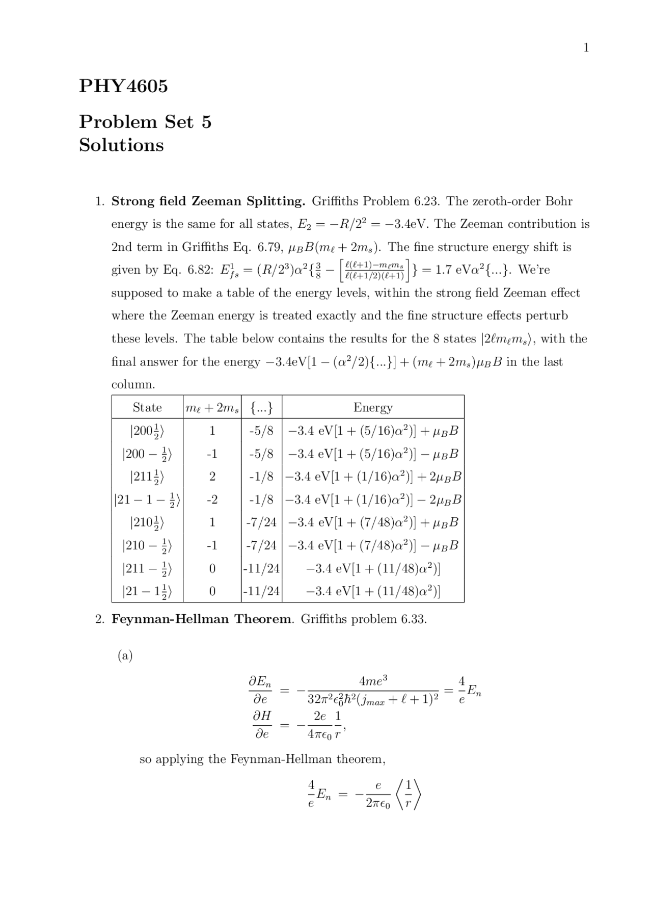 Problem Set 5 with Solutions for Introduction to Quantum Mechanics II | PHY 4605 - Docsity
