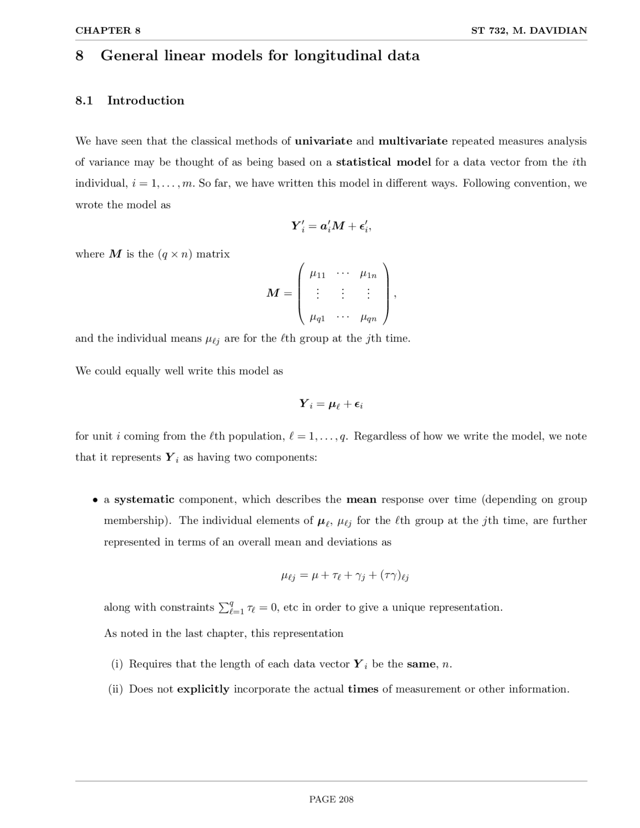 General Linear Models For Longitudinal Data Lecture Notes St 732