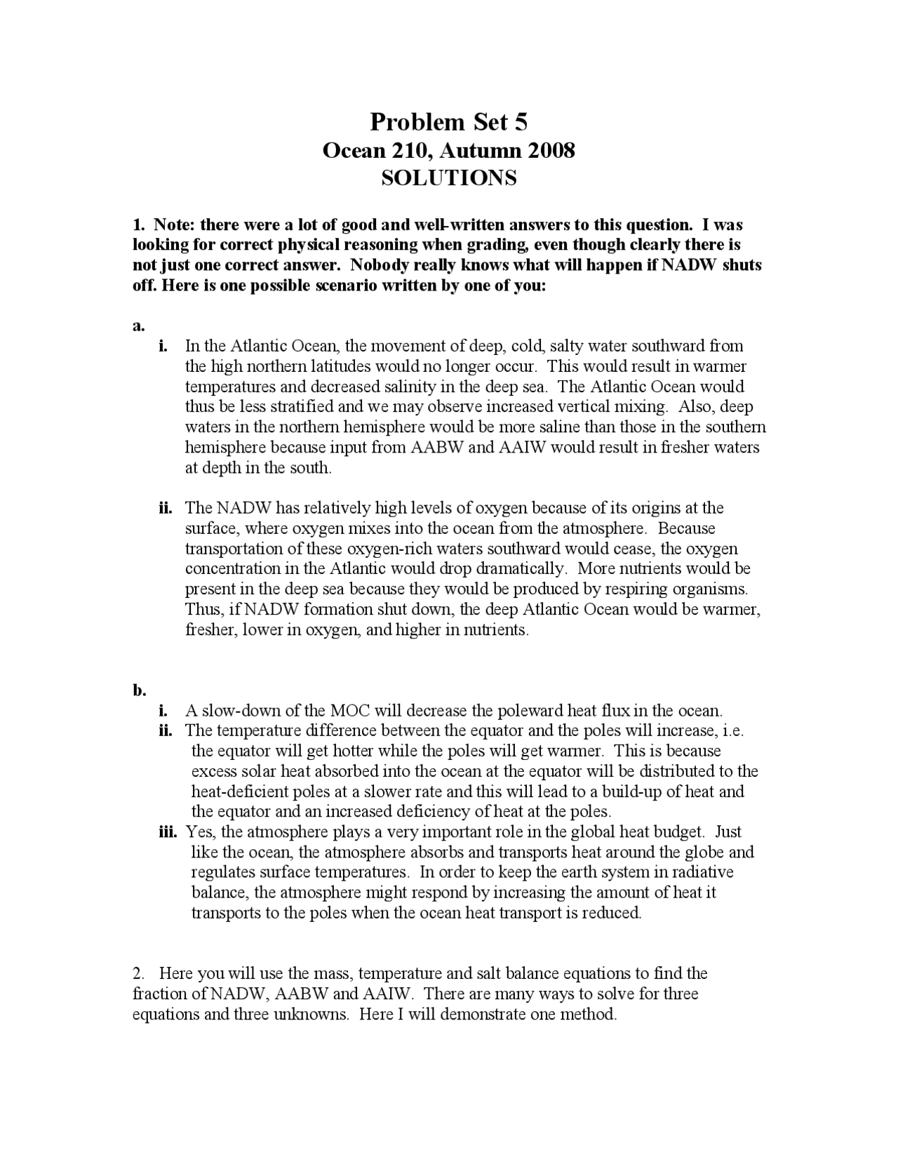 Problem Set 5 With Solution Ocean Circulation Ocean 210 Docsity
