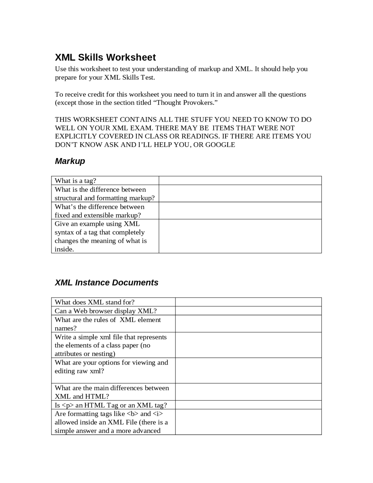 Xml Skills Worksheet Information Structure Info 330 Docsity