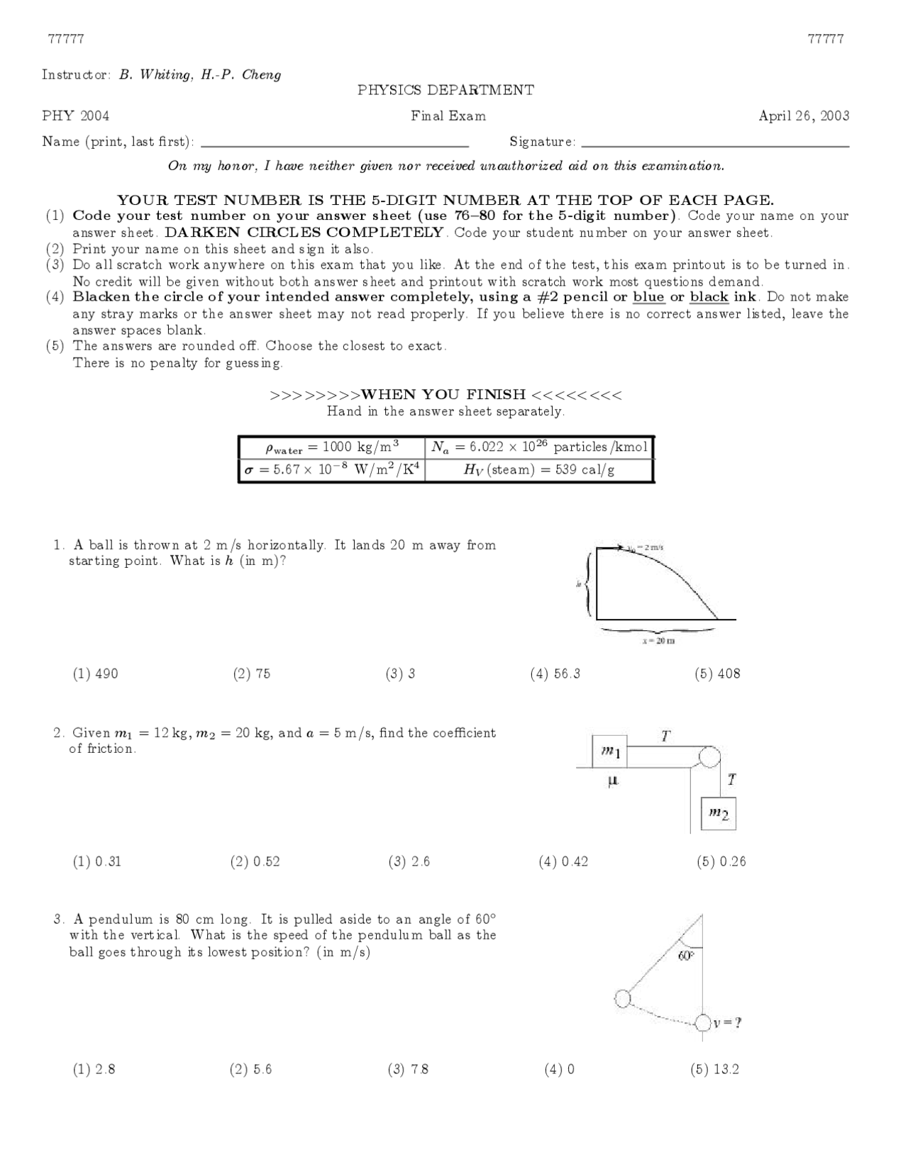 Past Final Exam Applied Physics 1 Fall 2003 Phy 2004 Docsity
